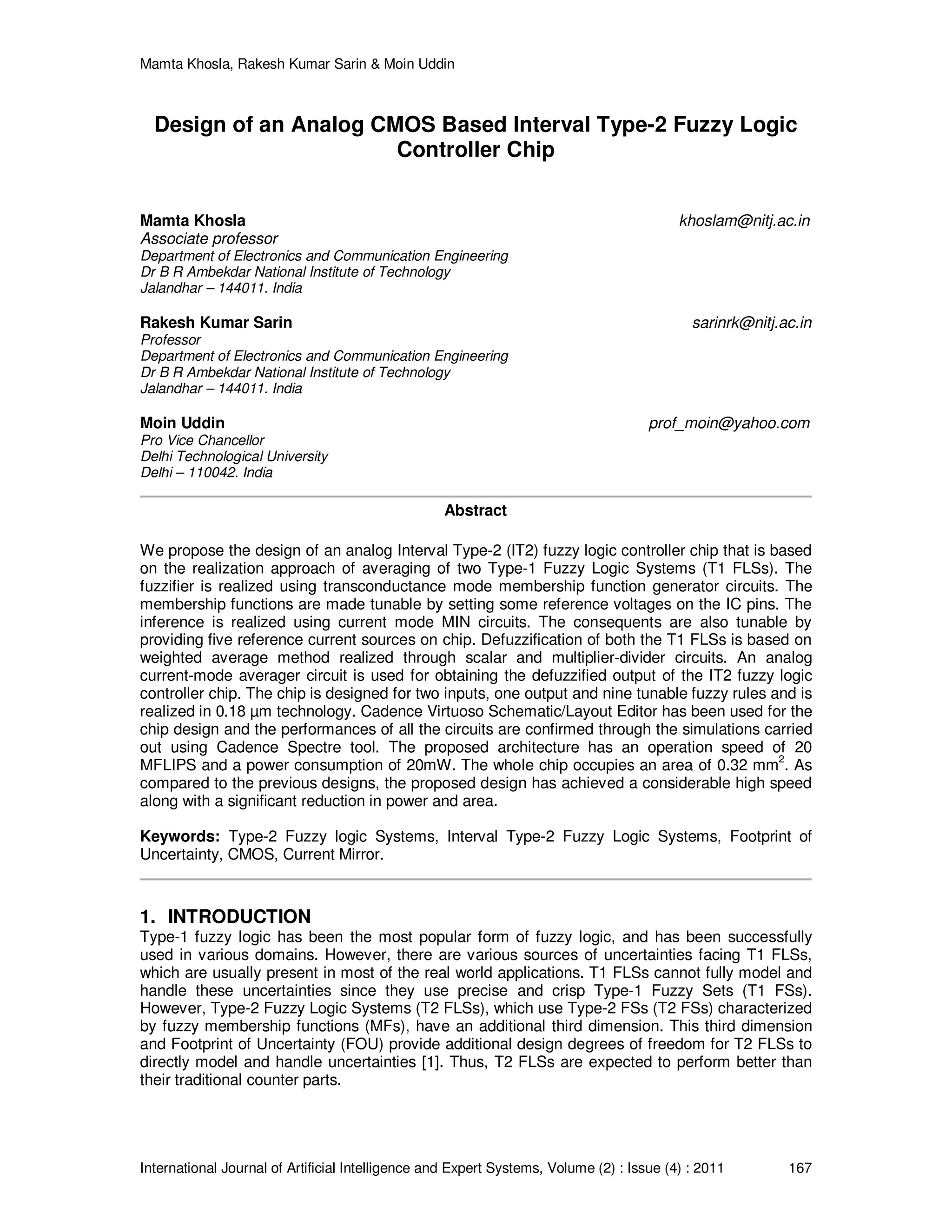 Design of an Analog CMOS Interval Type-2 Fuzzy Logic Controller Chip | PDF