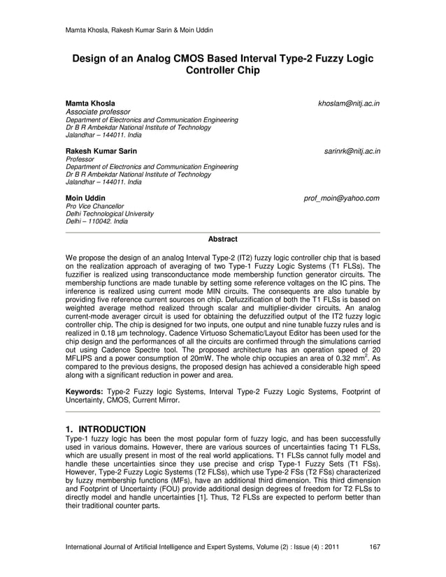 Design of an Analog CMOS based Interval Type-2 Fuzzy Logic Controller Chip | PDF | Internet of ...