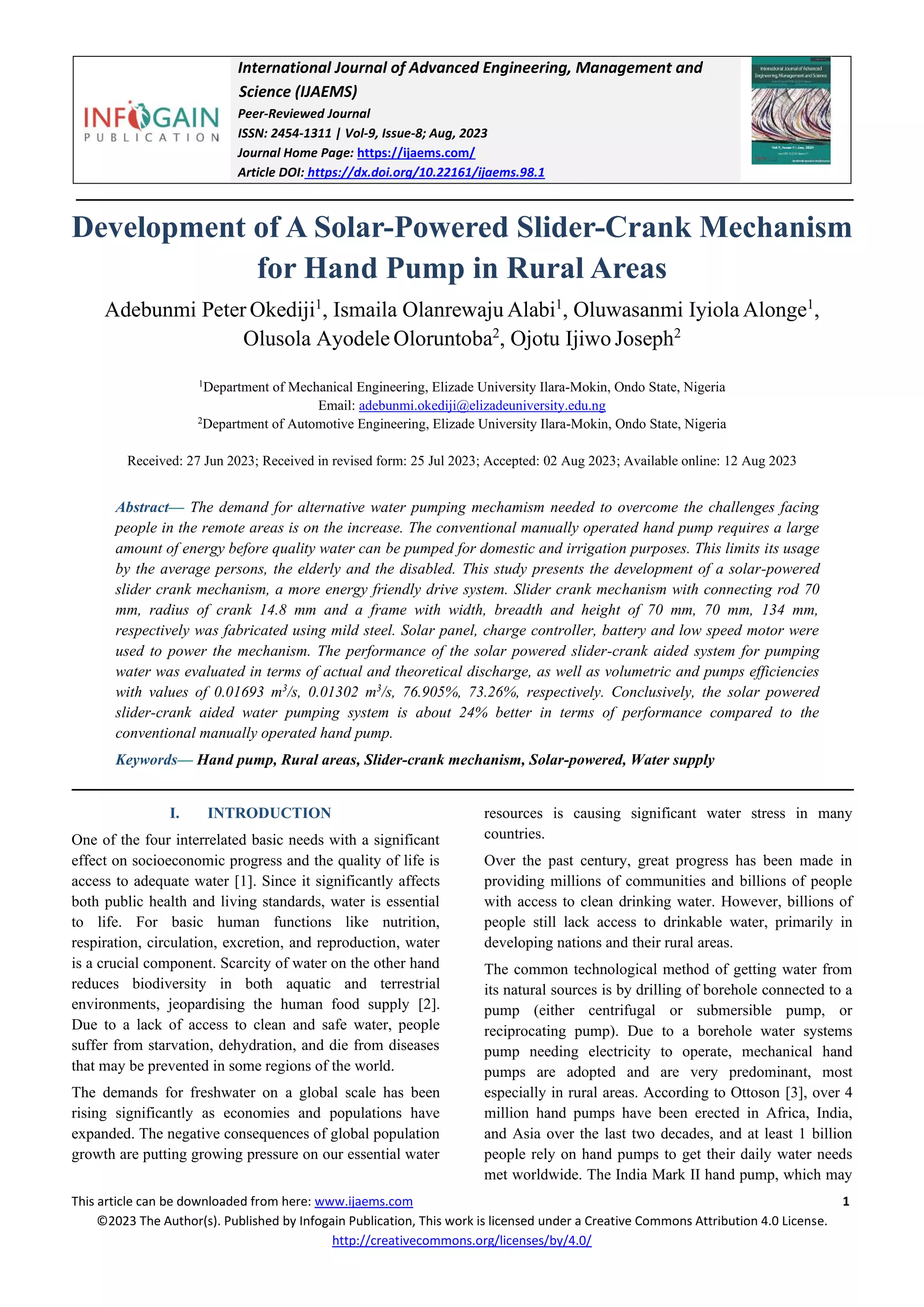 Development of A Solar-Powered Slider-Crank Mechanism for Hand Pump in ...
