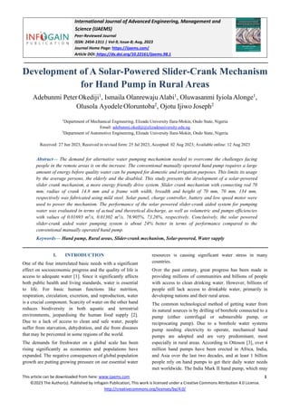 Development of A Solar-Powered Slider-Crank Mechanism for Hand Pump in Rural Areas | PDF