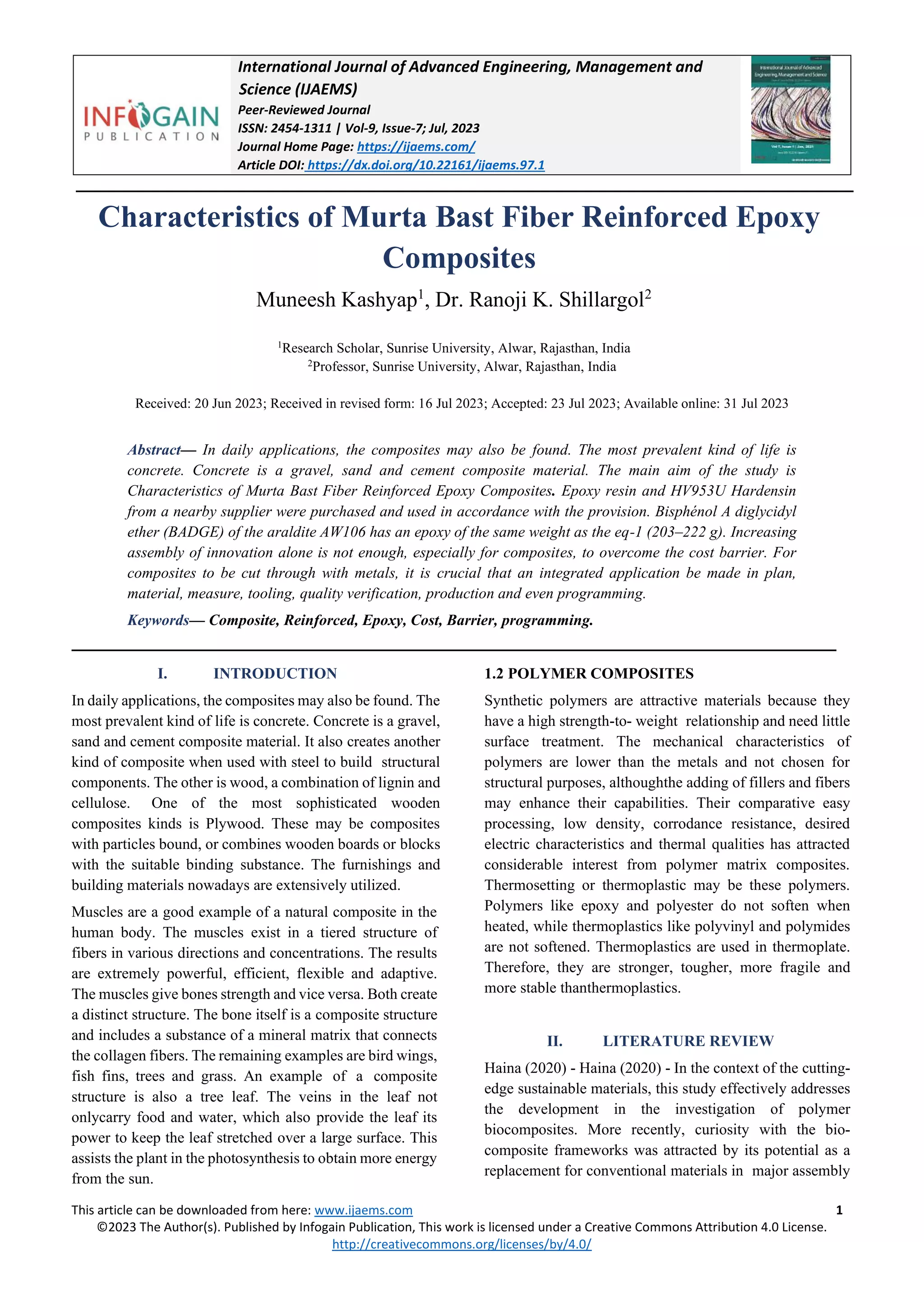 Characteristics of Murta Bast Fiber Reinforced Epoxy Composites | PDF