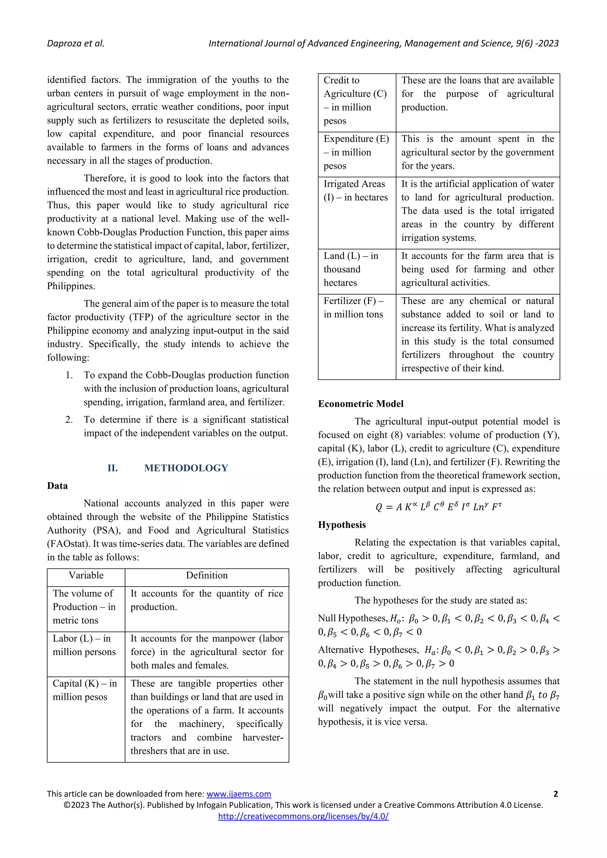 Time Series Analysis of Philippine Agricultural Rice Productivity using Cobb-Douglas Production ...