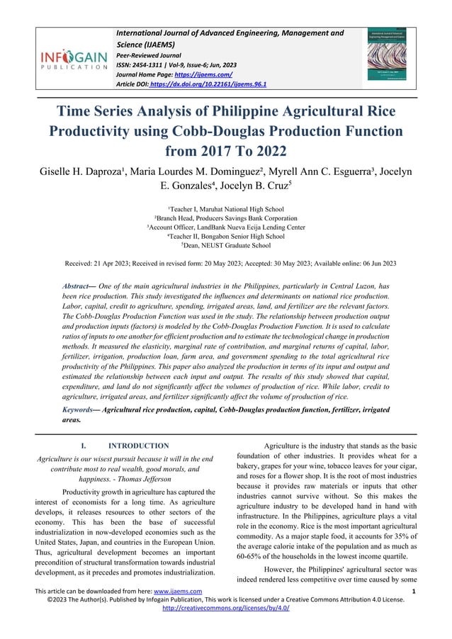 Time Series Analysis of Philippine Agricultural Rice Productivity using ...