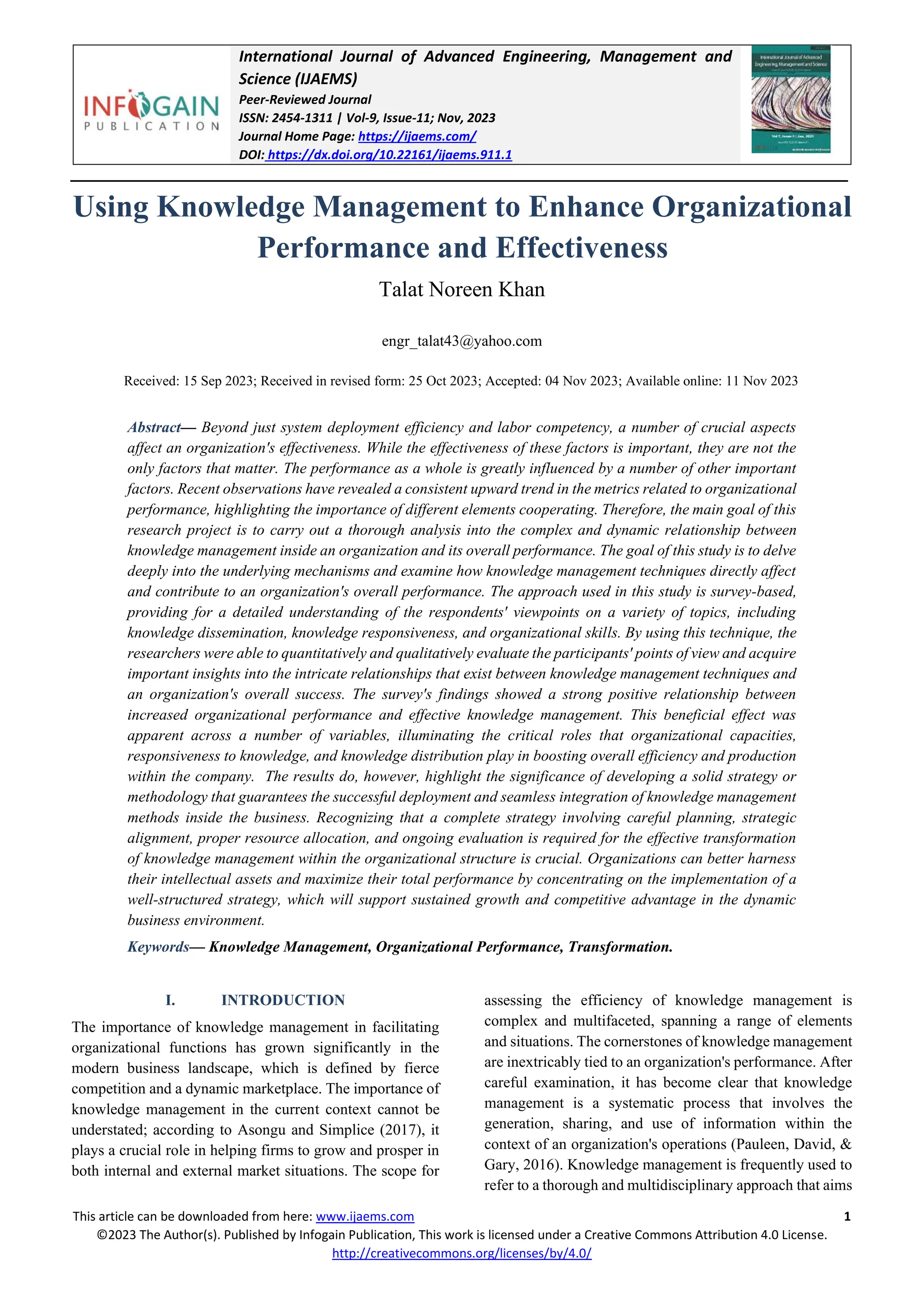 Using Knowledge Management to Enhance Organizational Performance and ...