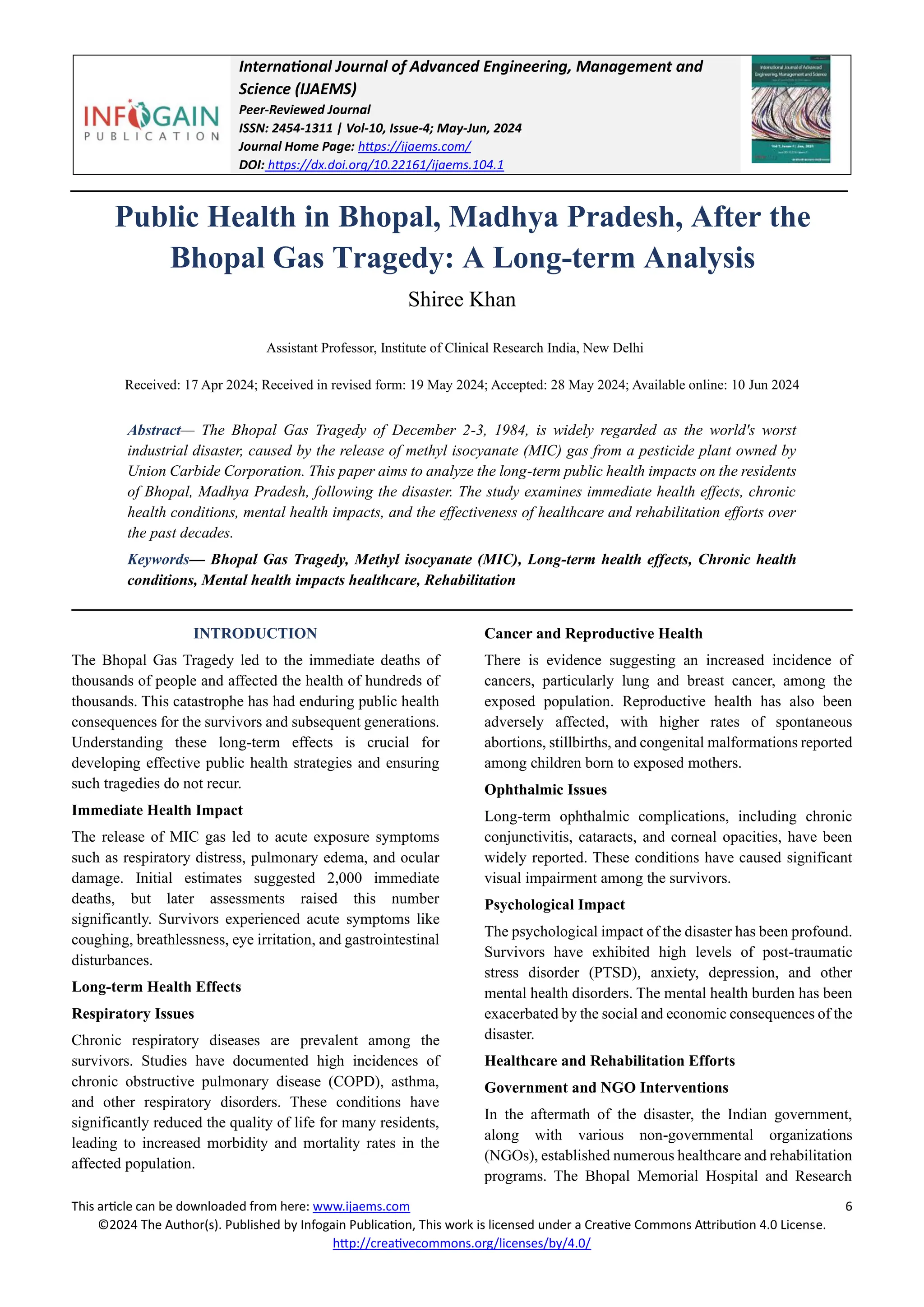 Public Health in Bhopal, Madhya Pradesh, After the Bhopal Gas Tragedy: A Long-term Analysis ...