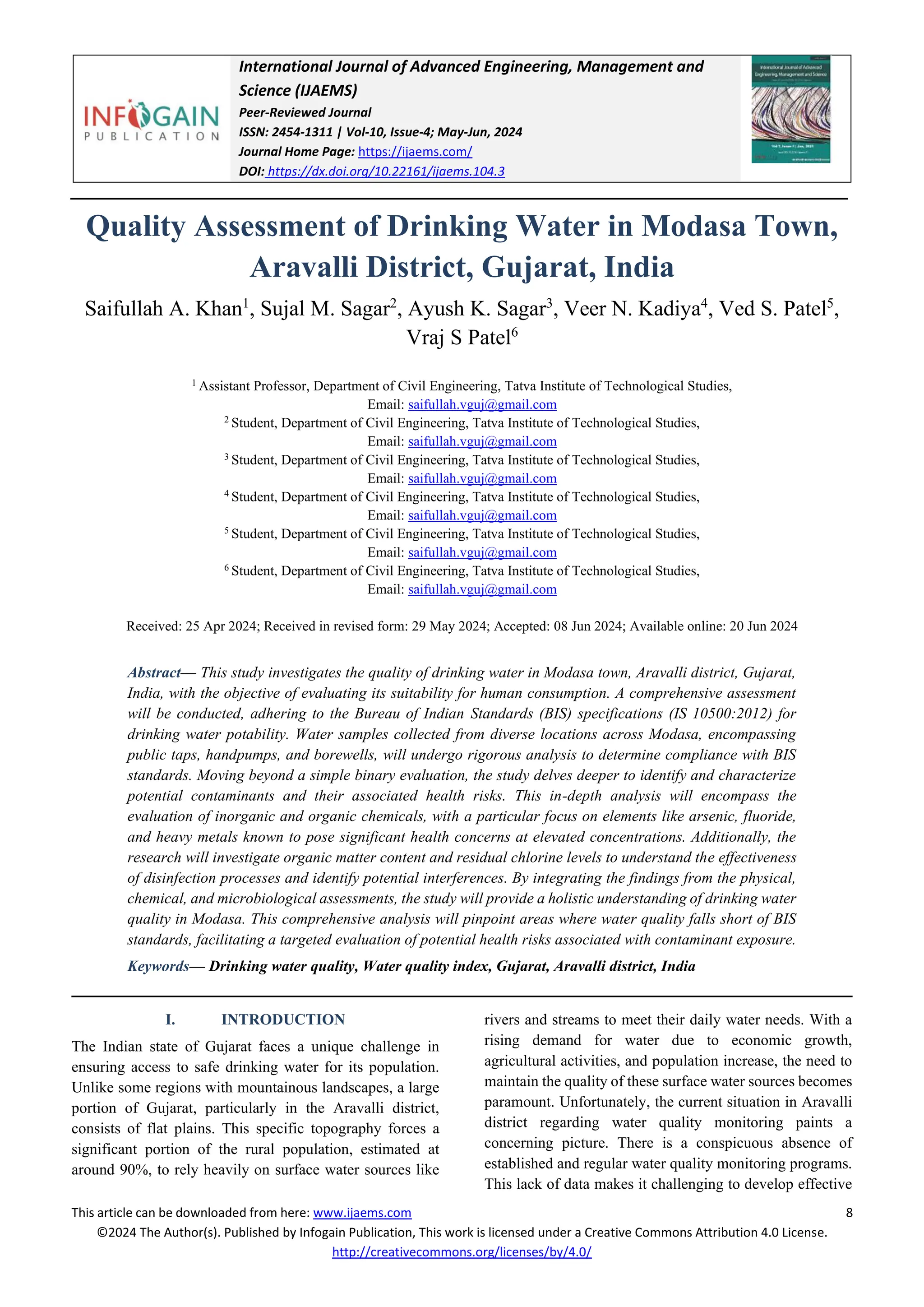 Quality Assessment of Drinking Water in Modasa Town, Aravalli District ...