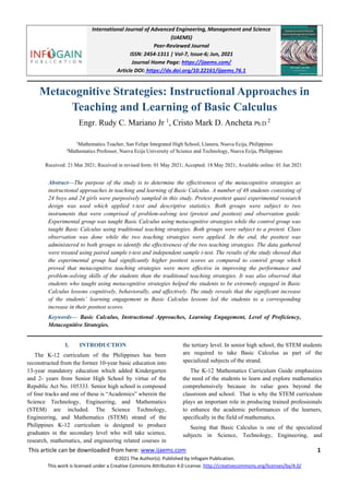 Metacognitive Strategies: Instructional Approaches in Teaching and Learning of Basic Calculus | PDF