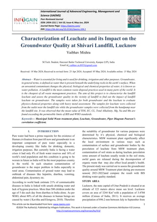Characterization of Leachate and its Impact on the Groundwater Quality at Shivari Landfill ...