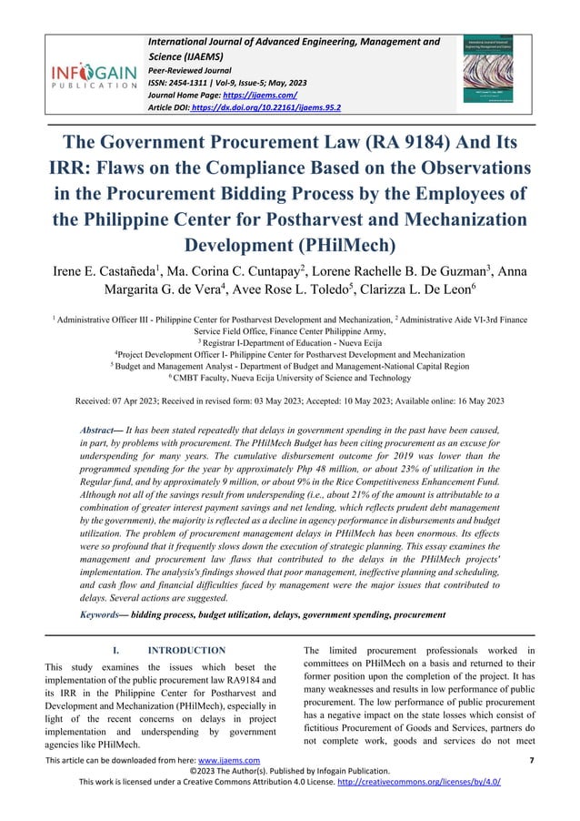 The Government Procurement Law (RA 9184) And Its IRR: Flaws on the Compliance Based on the ...