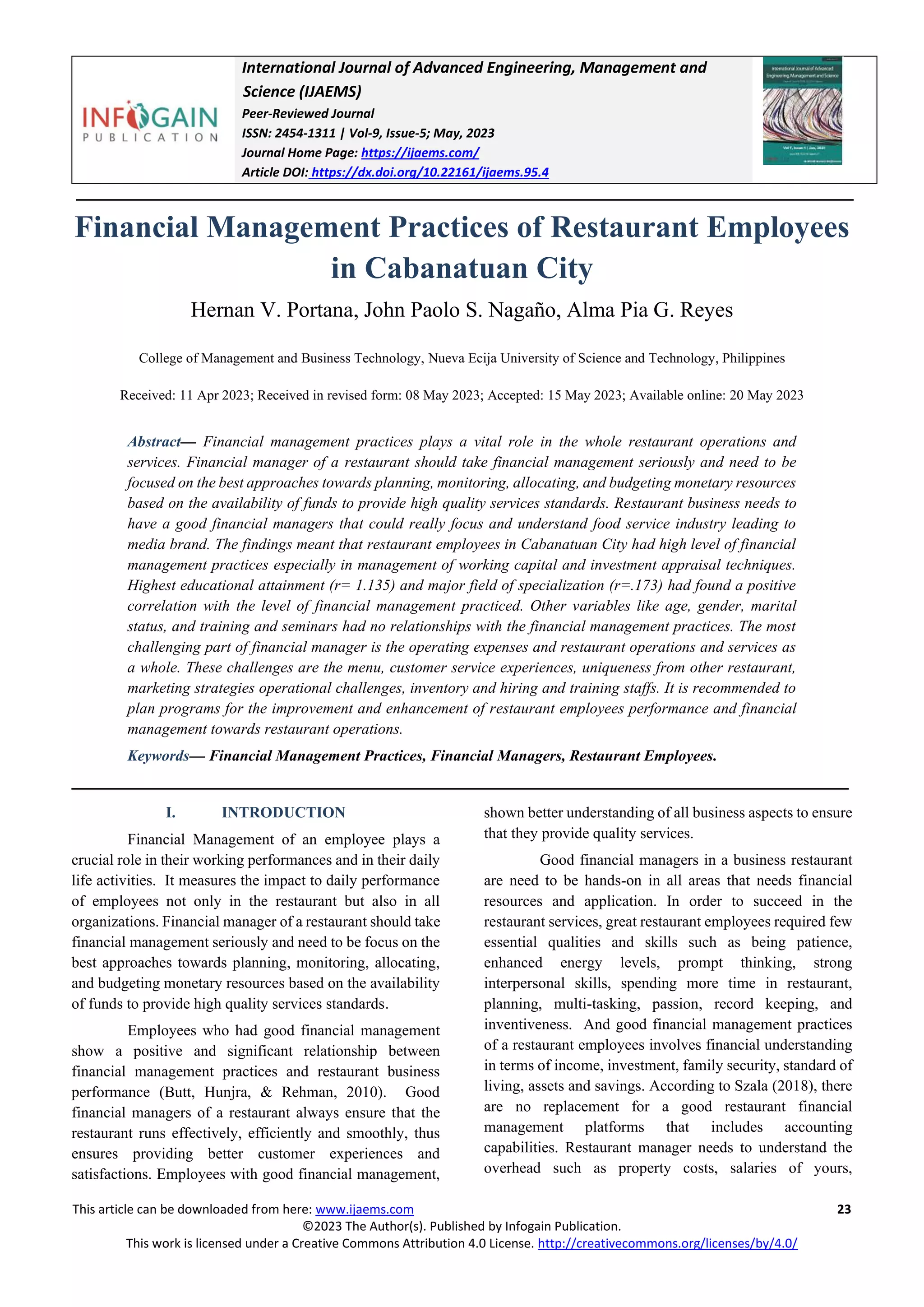Financial Management Practices of Restaurant Employees in Cabanatuan City | PDF