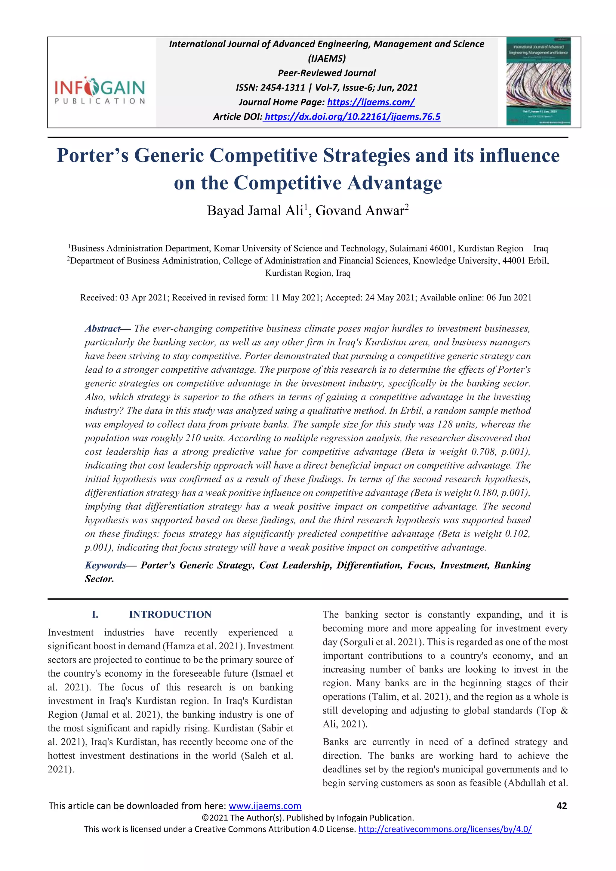 Porter’s Generic Competitive Strategies and its influence on the ...