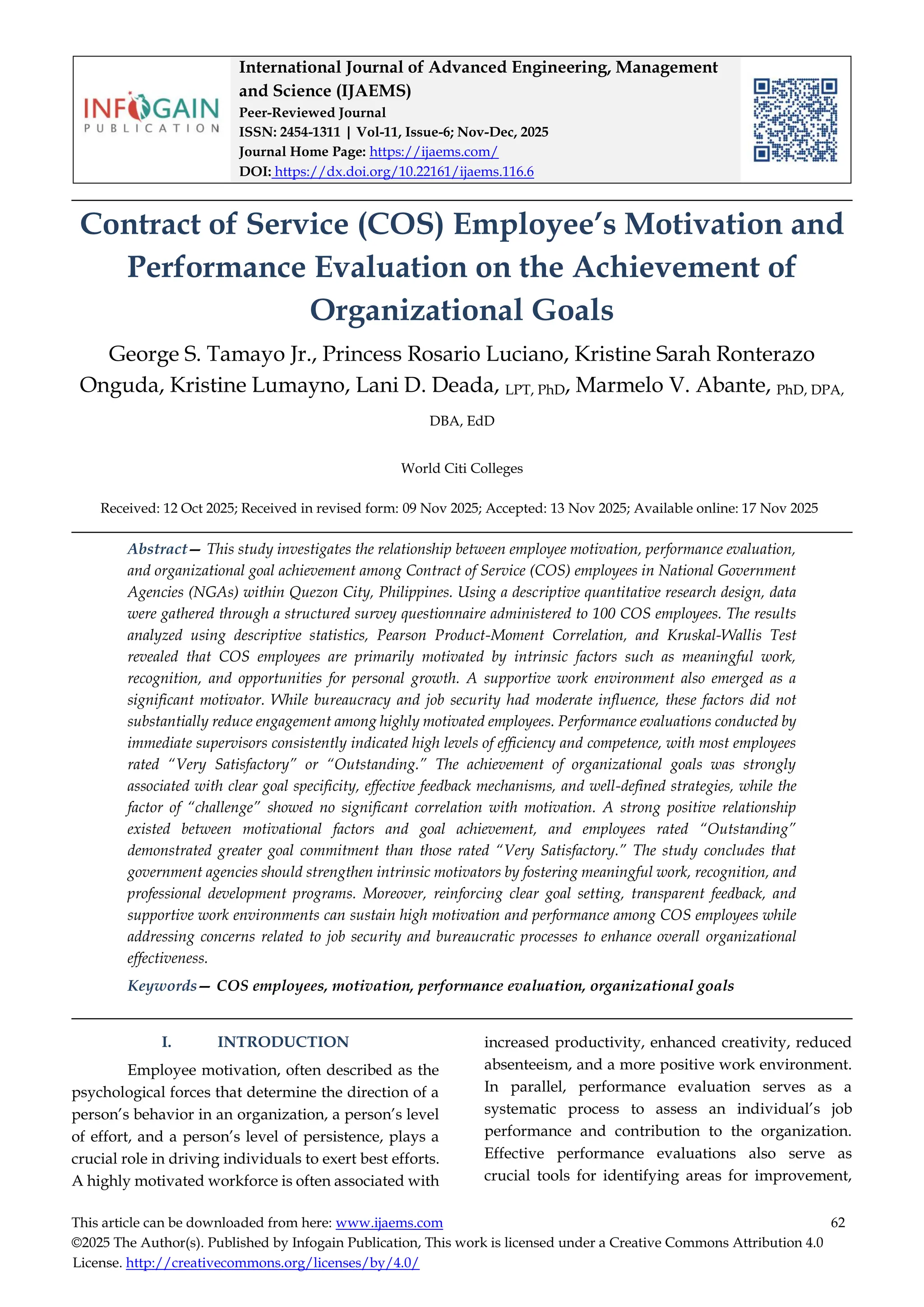 Contract of Service (COS) Employee’s Motivation and Performance Evaluation on the Achievement of ...