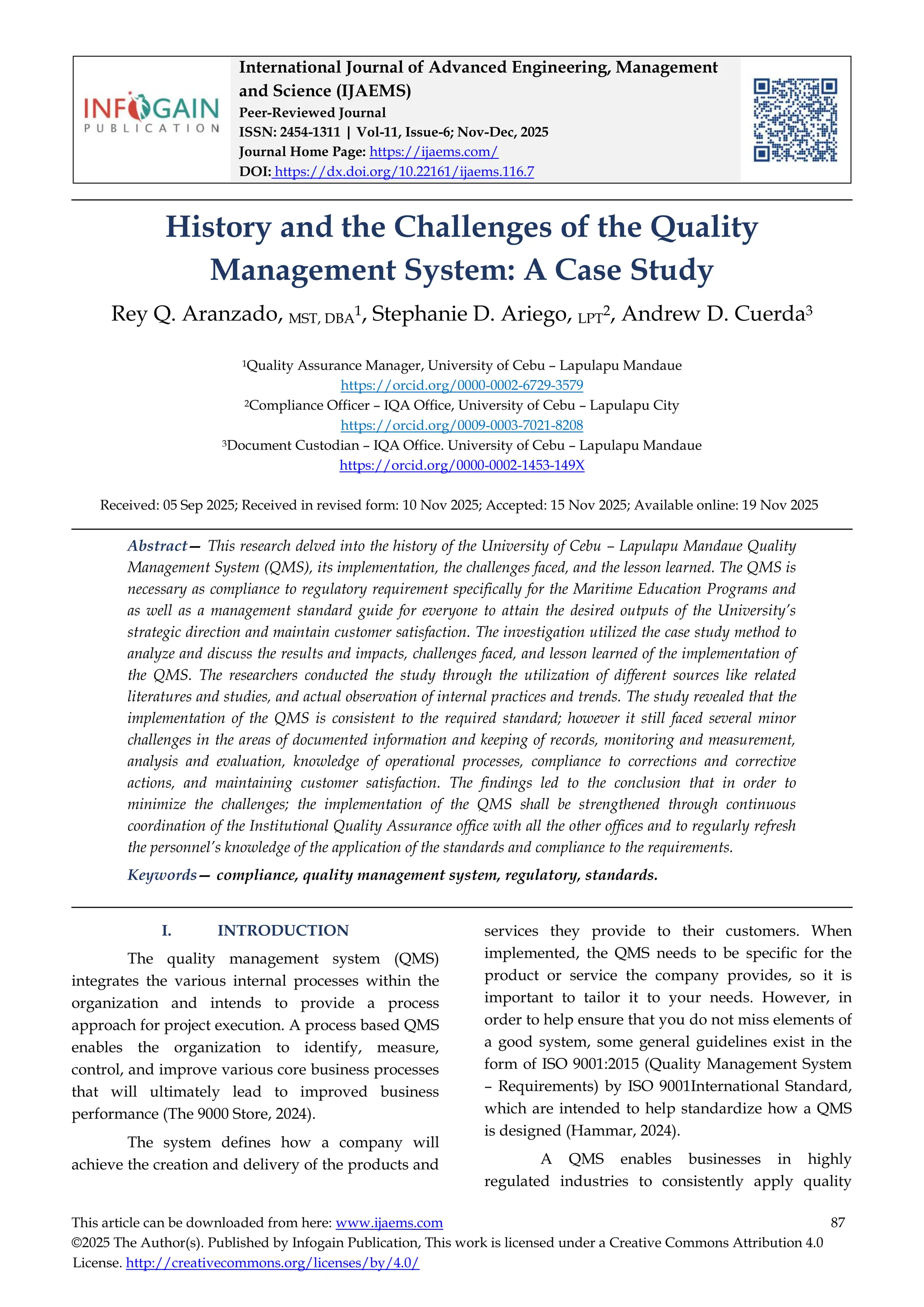 History and the Challenges of the Quality Management System: A Case ...