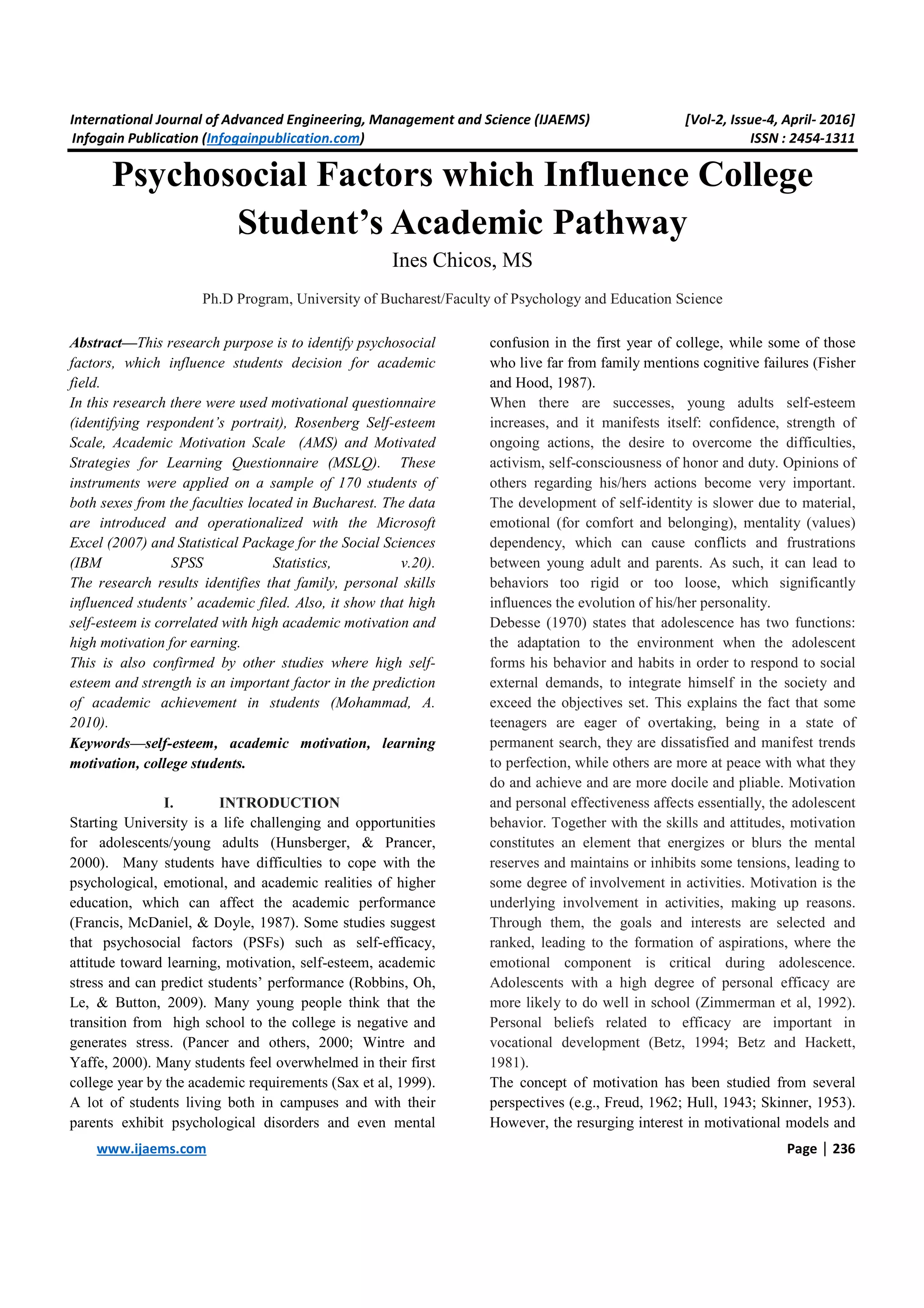 Psychosocial Factors which Influence College Student’s Academic Pathway ...