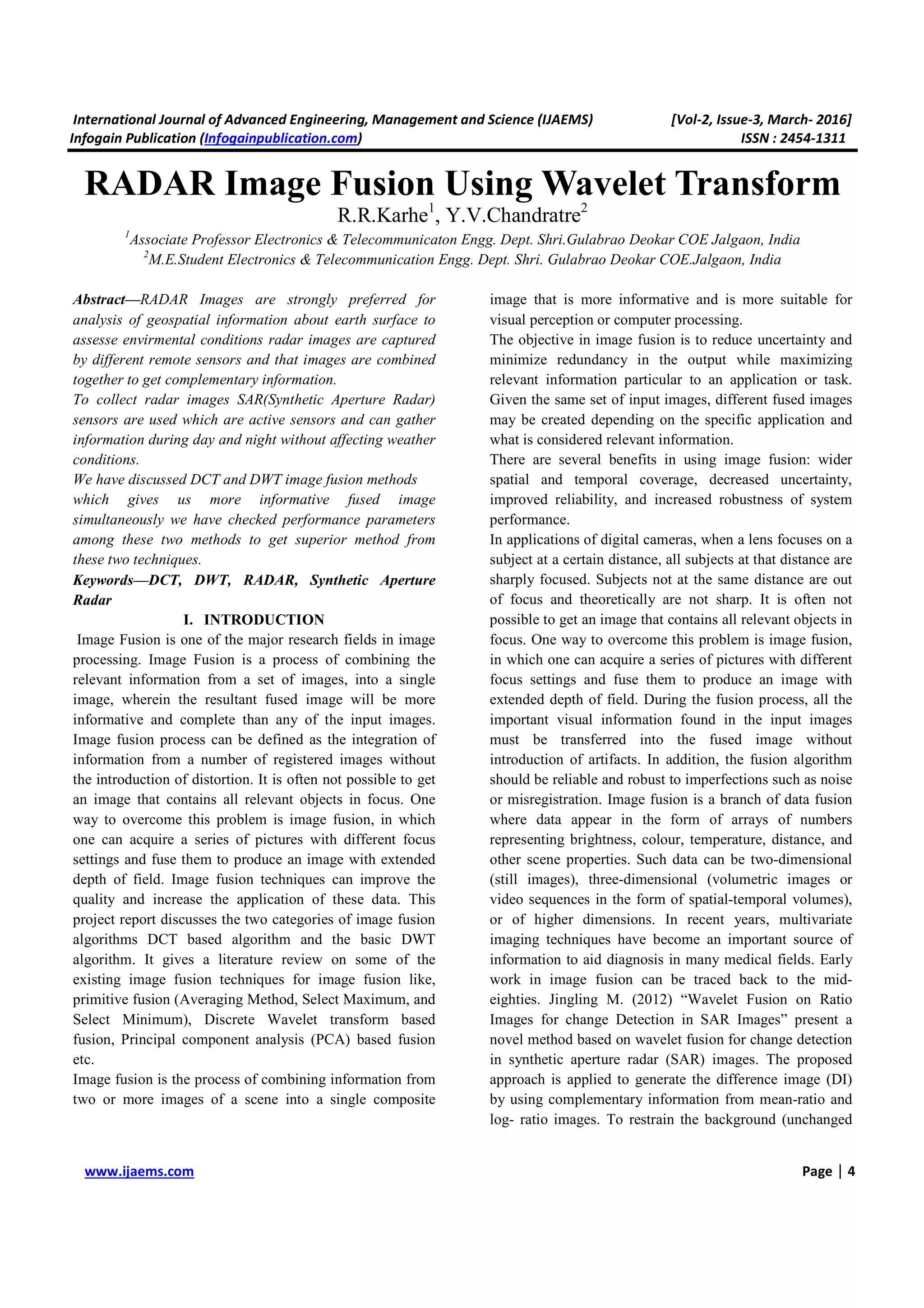 RADAR Image Fusion Using Wavelet Transform | PDF