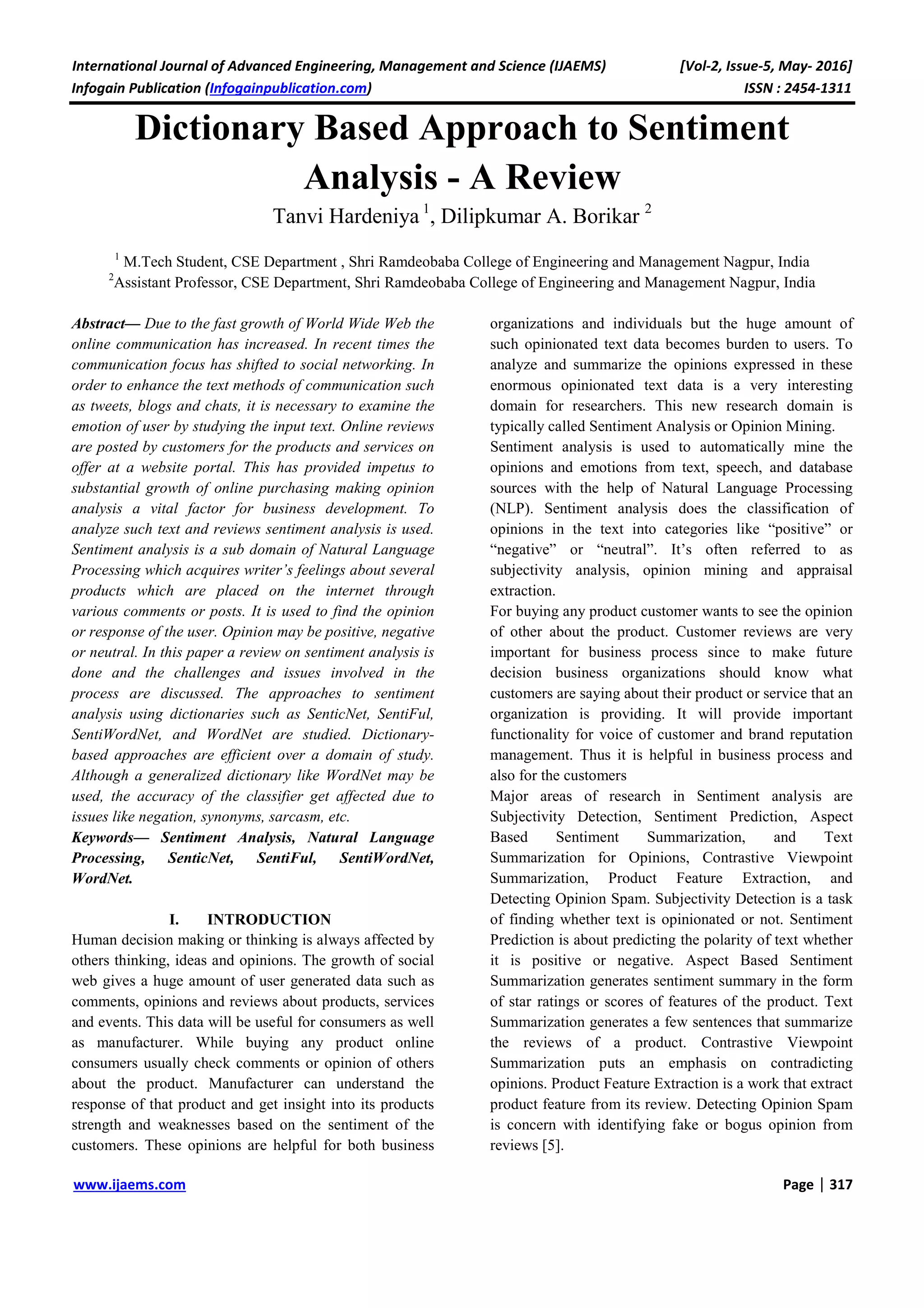 Dictionary Based Approach to Sentiment Analysis - A Review | PDF