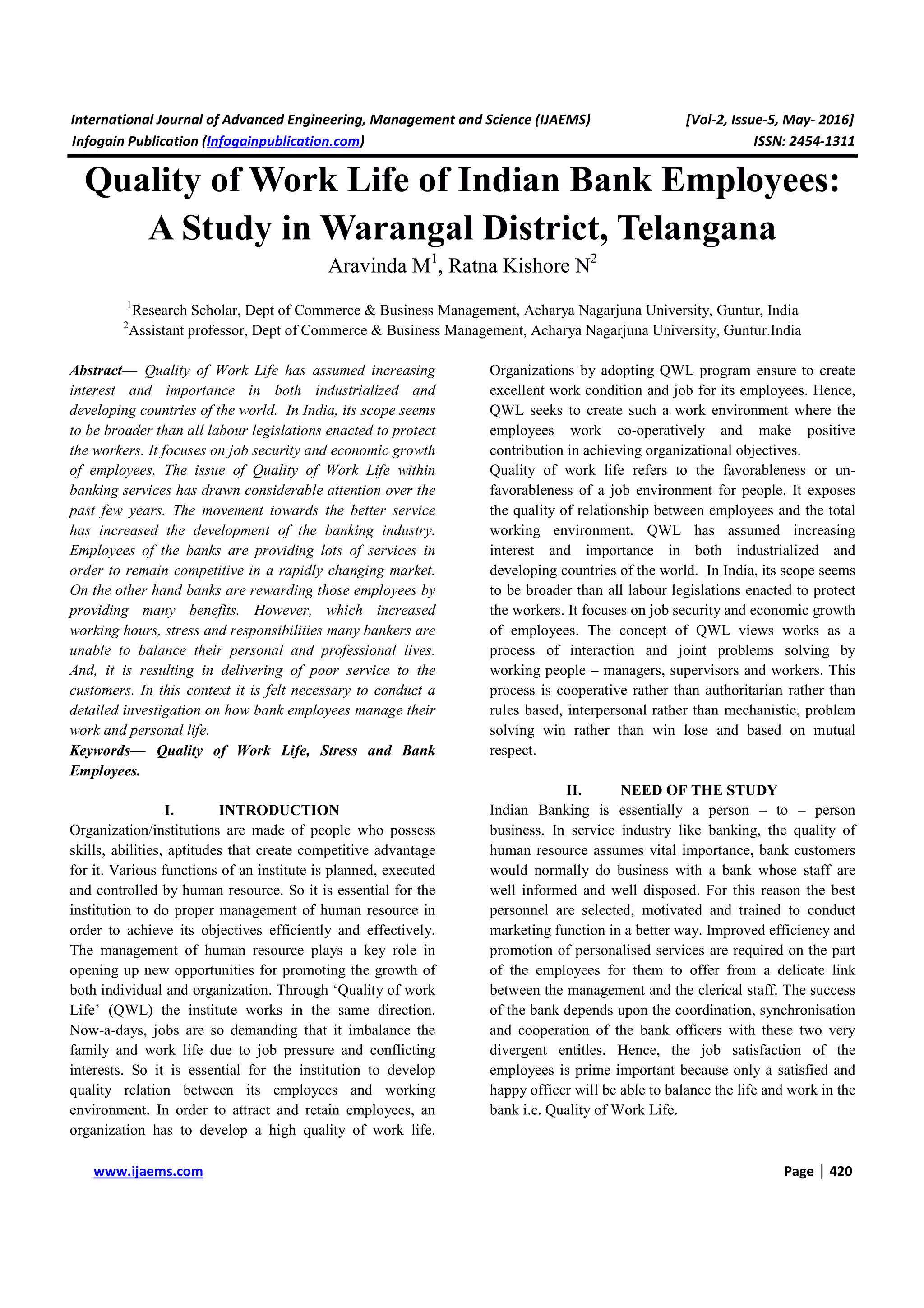 Quality of Work Life of Indian Bank Employees: A Study in Warangal ...