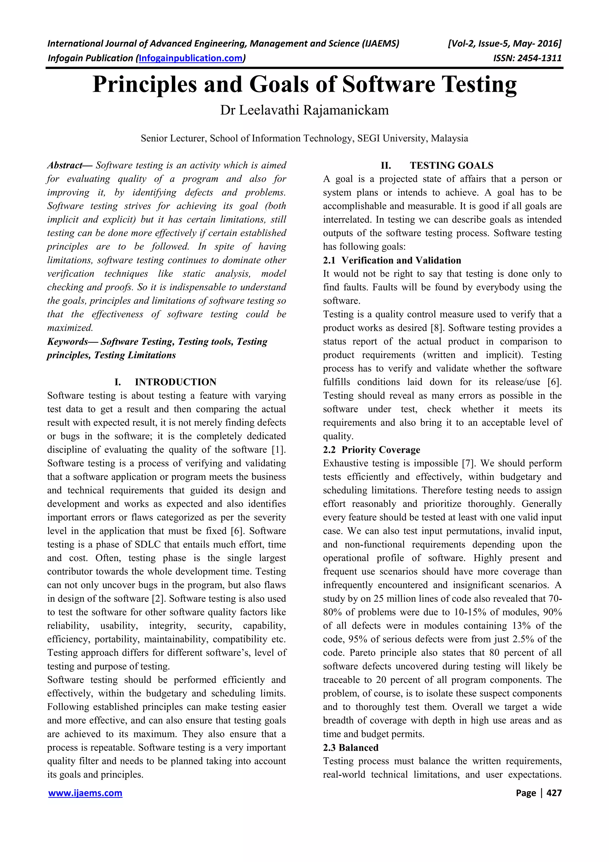 Principles and Goals of Software Testing | PDF