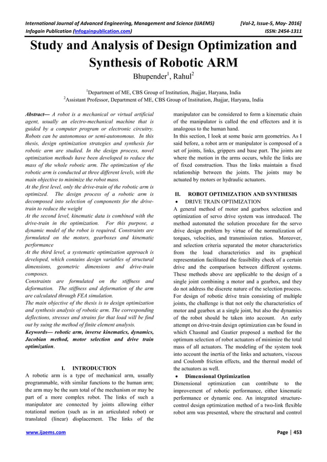 Study and Analysis of Design Optimization and Synthesis of Robotic ARM | PDF | Robotics ...