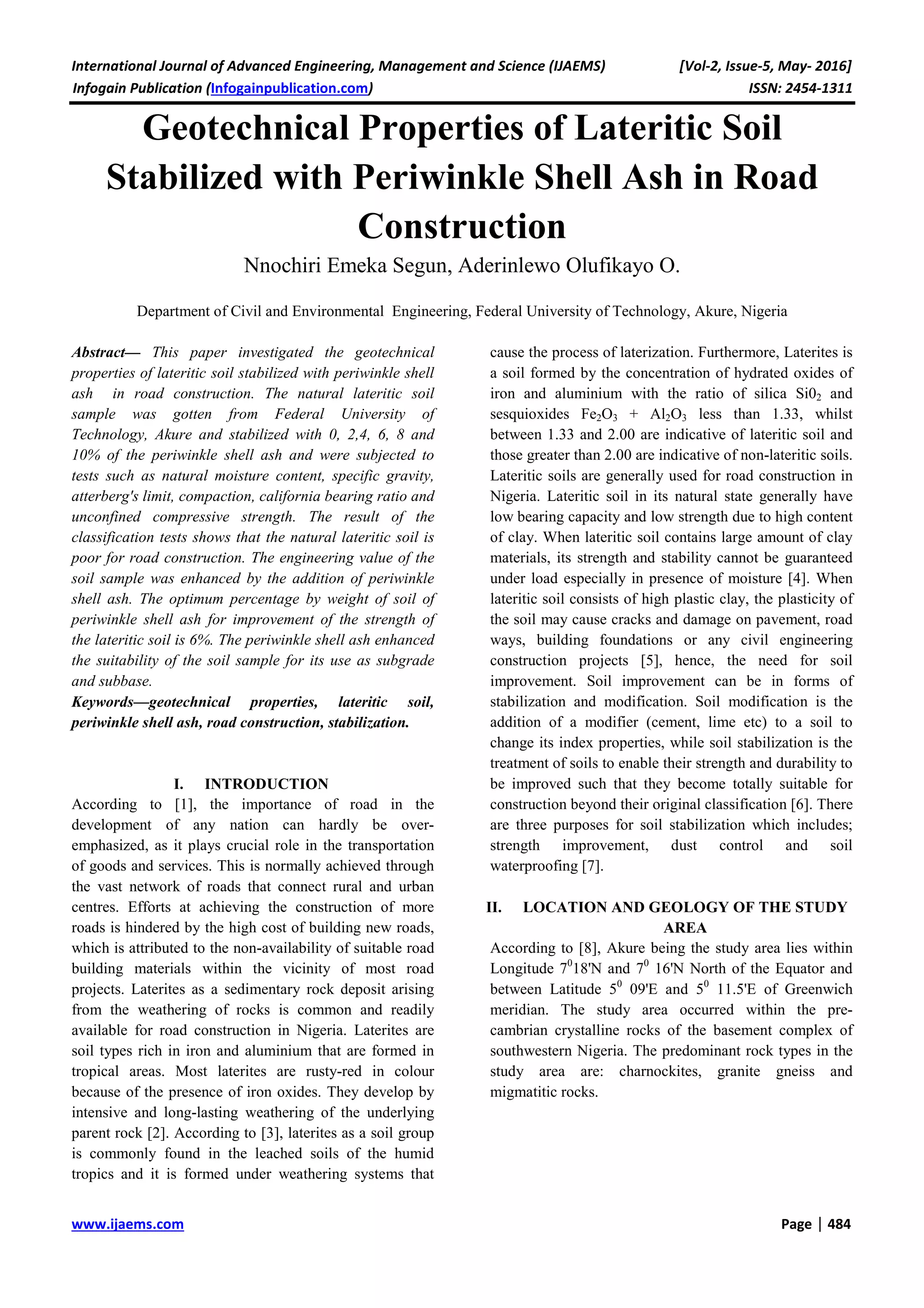 Geotechnical Properties of Lateritic Soil Stabilized with Periwinkle ...