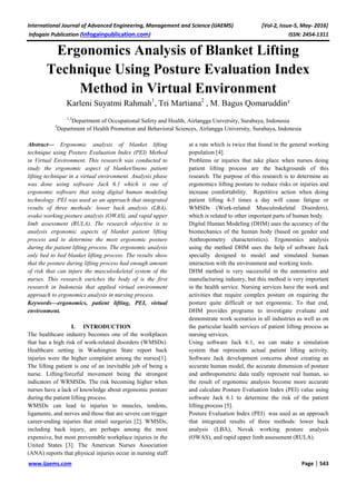 Ergonomics Analysis of Blanket Lifting Technique Using Posture Evaluation Index Method in ...