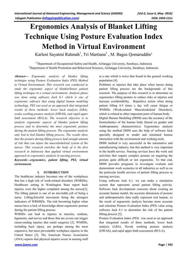 Ergonomics Analysis of Blanket Lifting Technique Using Posture Evaluation Index Method in ...