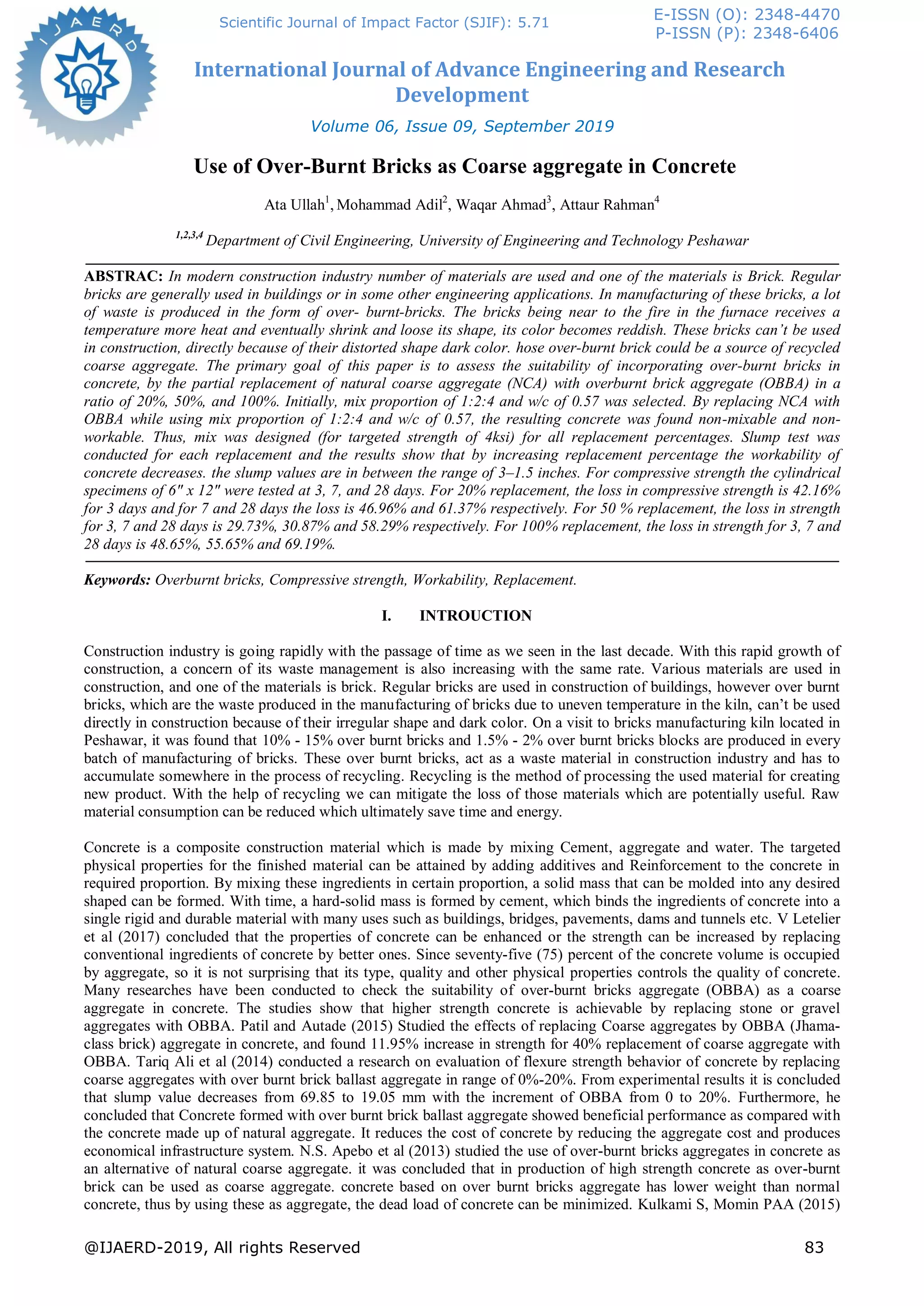 Use of Over-Burnt Bricks as Coarse aggregate in Concrete | PDF
