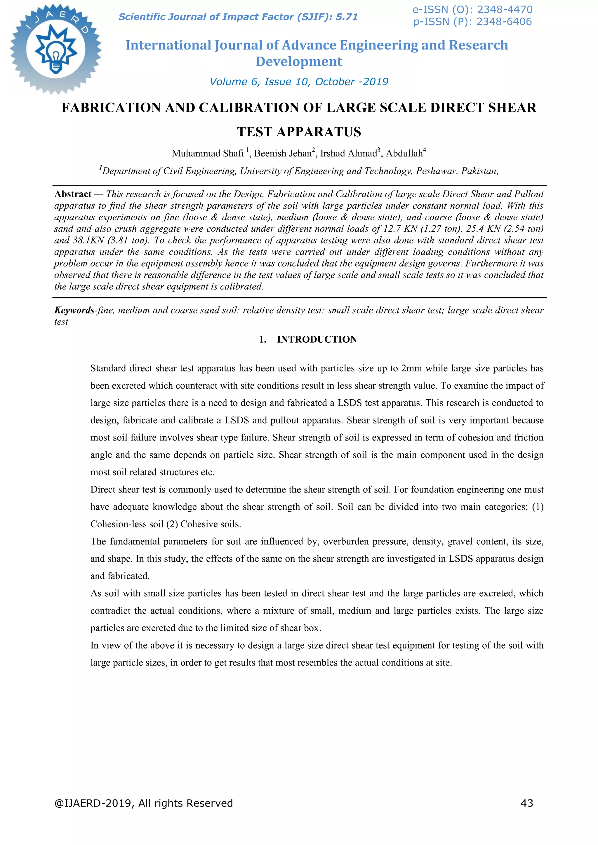 FABRICATION AND CALIBRATION OF LARGE SCALE DIRECT SHEAR TEST APPARATUS ...