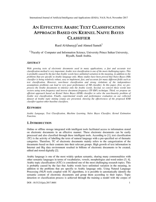 AN EFFECTIVE ARABIC TEXT CLASSIFICATION APPROACH BASED ON KERNEL NAIVE BAYES CLASSIFIER | PDF