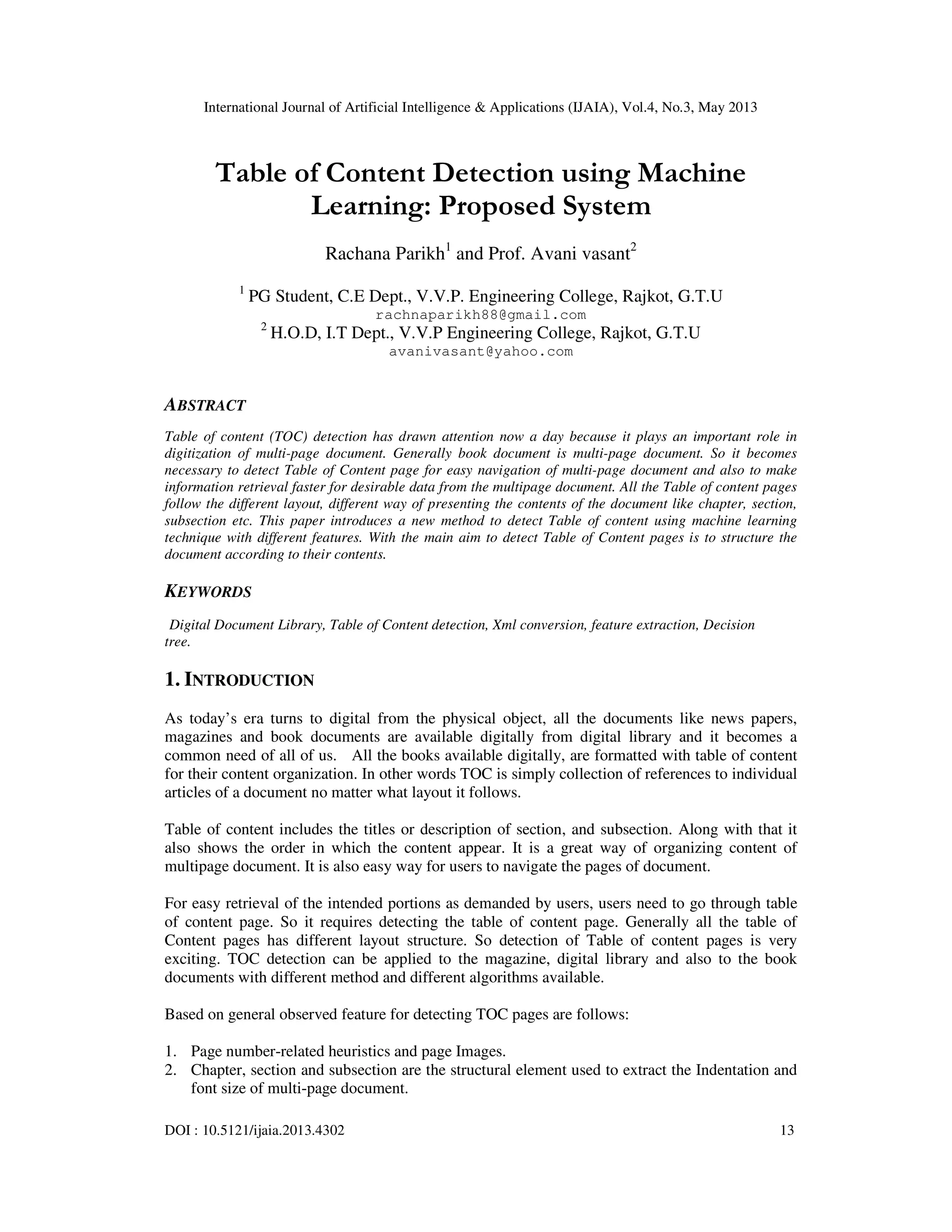 Table of Content Detection using Machine Learning: Proposed System | PDF