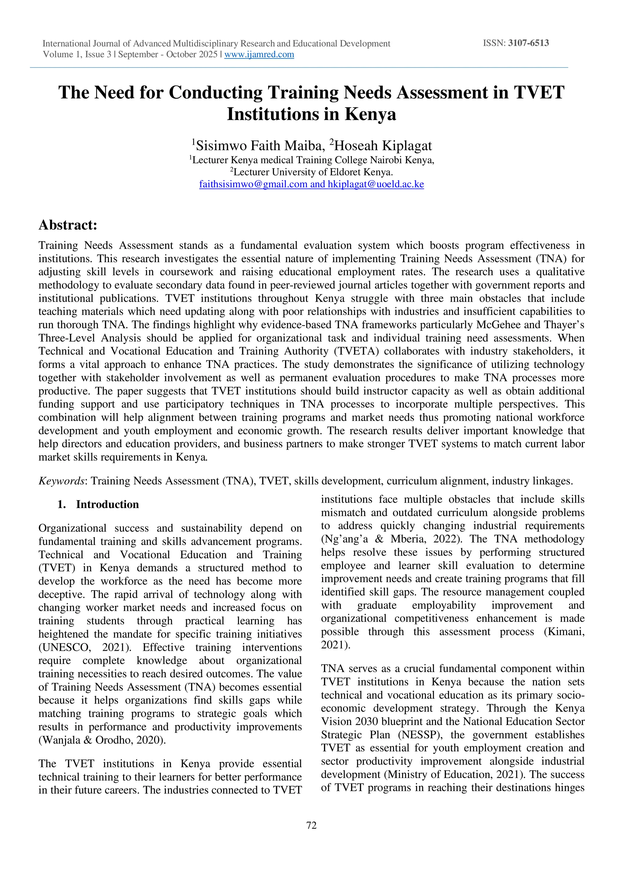 The Need for Conducting Training Needs Assessment in TVET Institutions ...