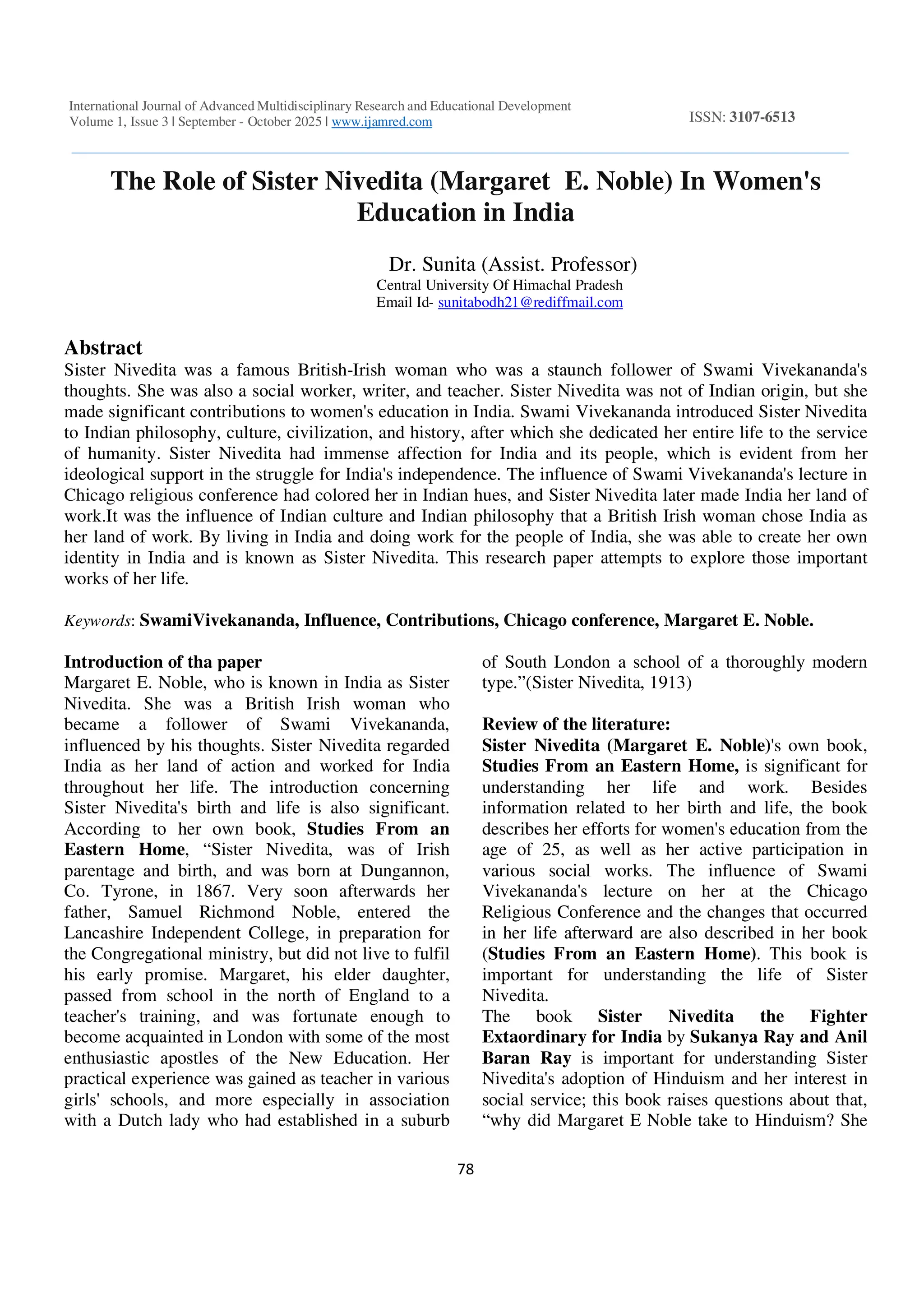 The Role of Sister Nivedita (Margaret E. Noble) In Women's Education in ...