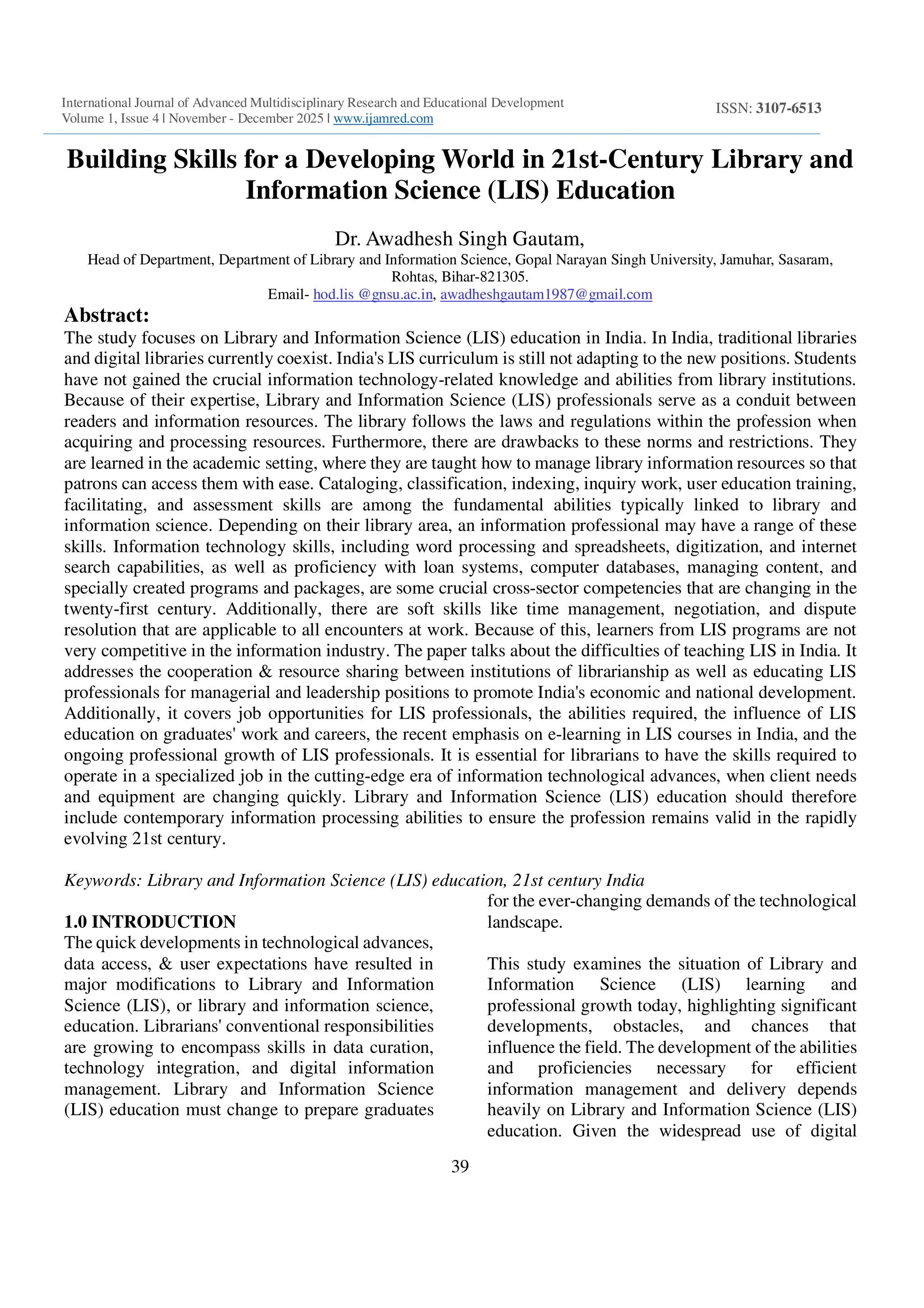 Building Skills for a Developing World in 21st-Century Library and Information Science (LIS ...