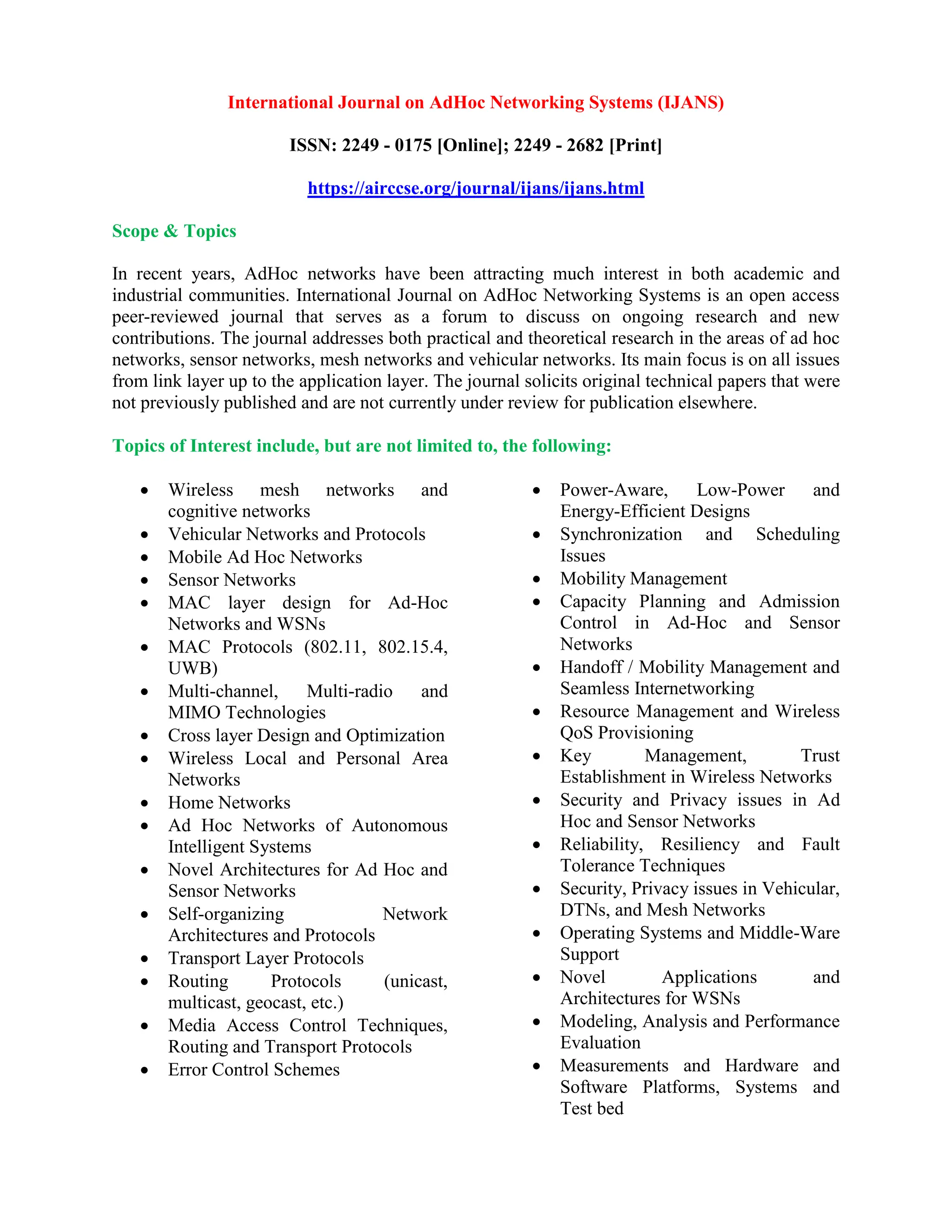 IJANS 2025 : International Journal on AdHoc Networking Systems | PDF
