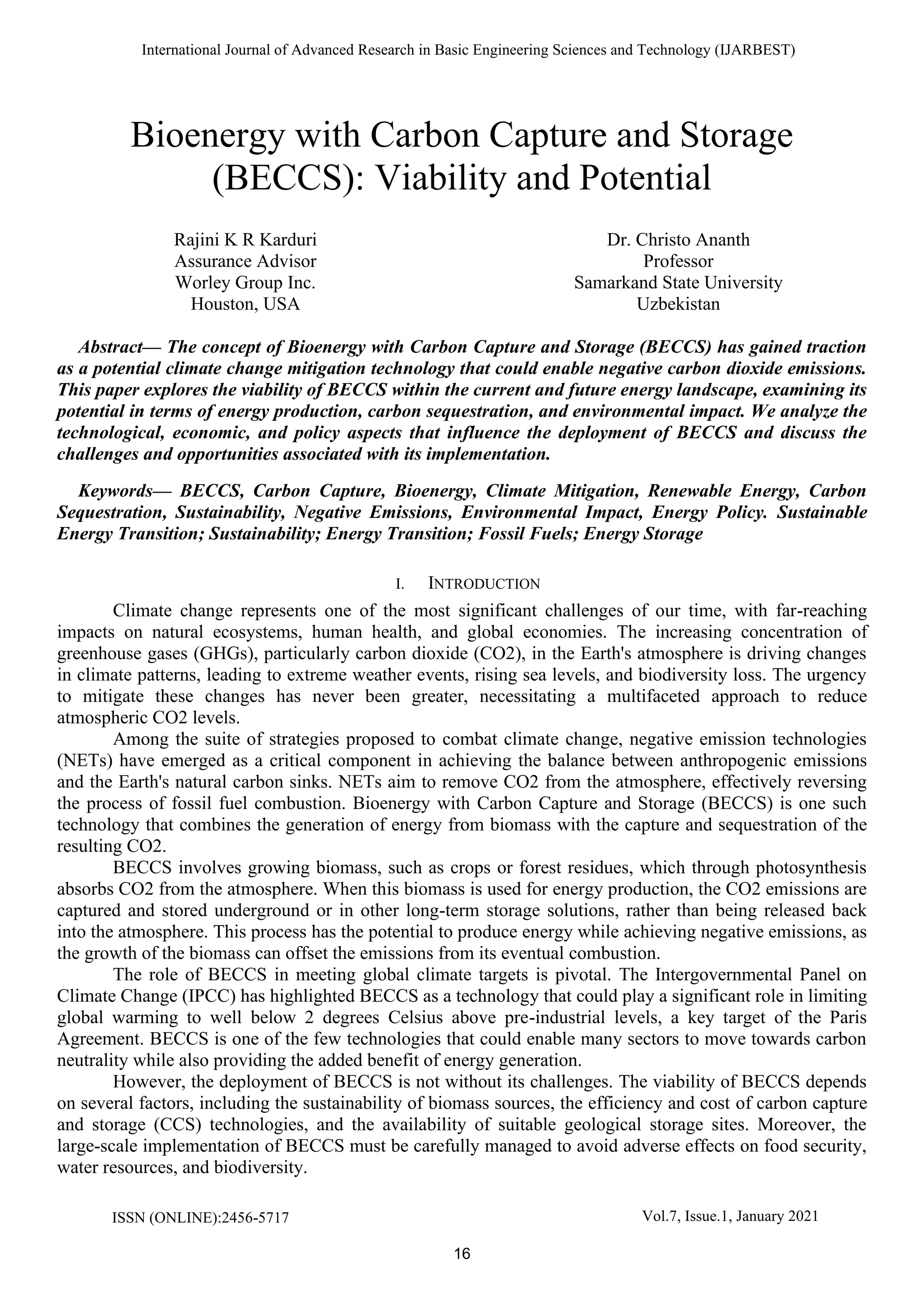 Bioenergy with Carbon Capture and Storage (BECCS): Viability and ...