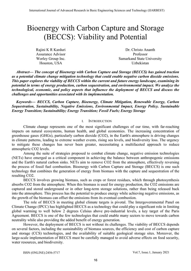 Bioenergy with Carbon Capture and Storage (BECCS): Viability and ...