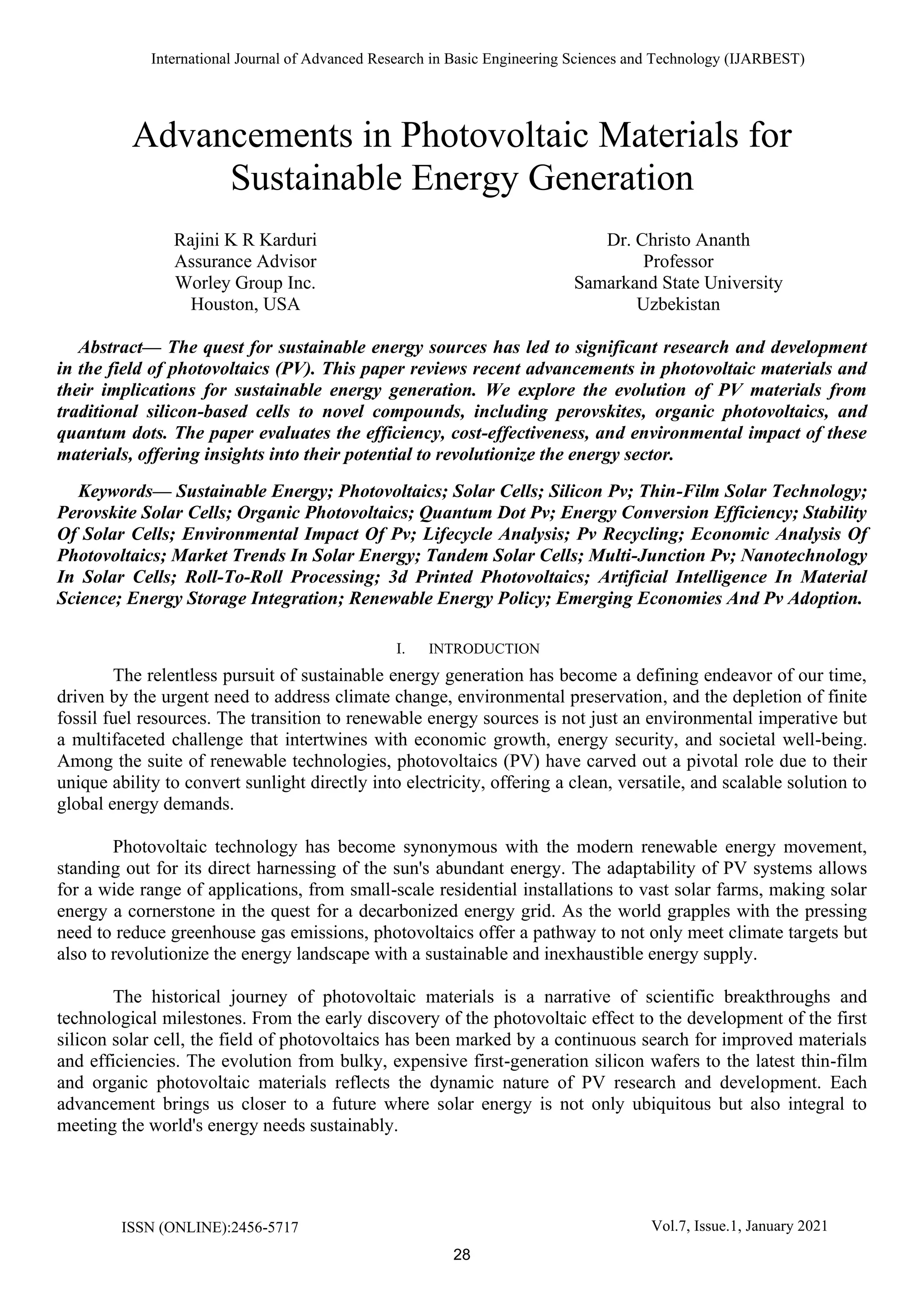 Advancements in Photovoltaic Materials for Sustainable Energy ...