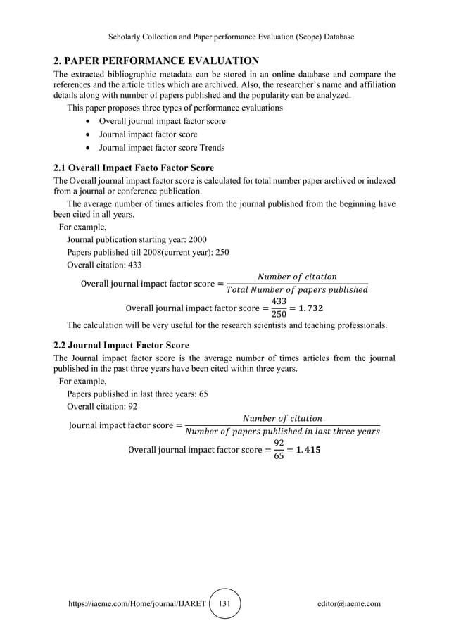 SCHOLARLY COLLECTION AND PAPER PERFORMANCE EVALUATION (SCOPE) DATABASE ...