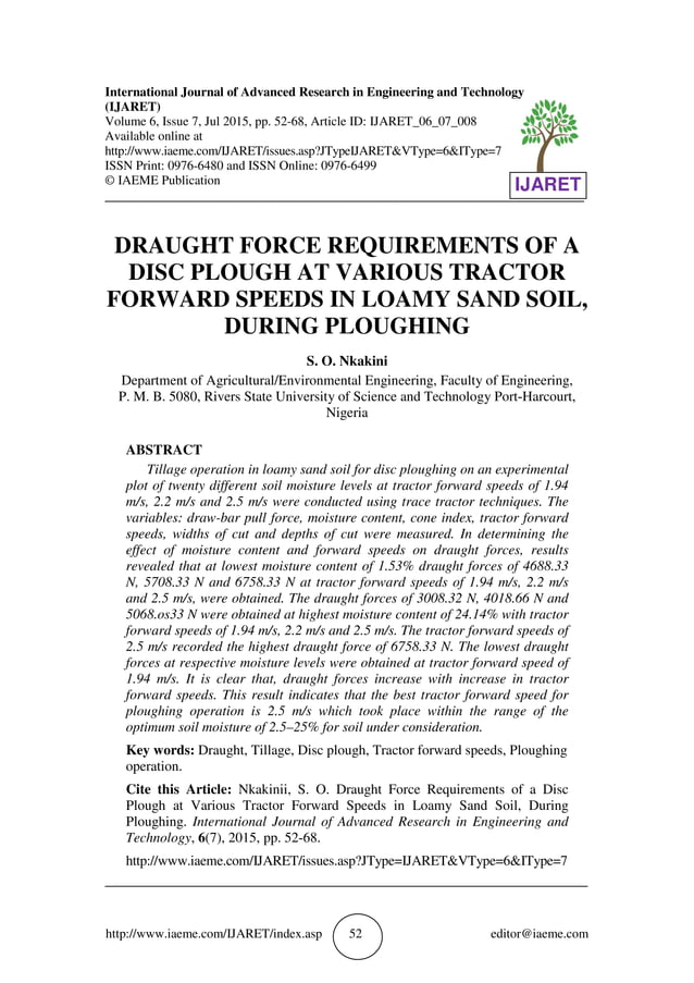 DRAUGHT FORCE REQUIREMENTS OF A DISC PLOUGH AT VARIOUS TRACTOR FORWARD ...