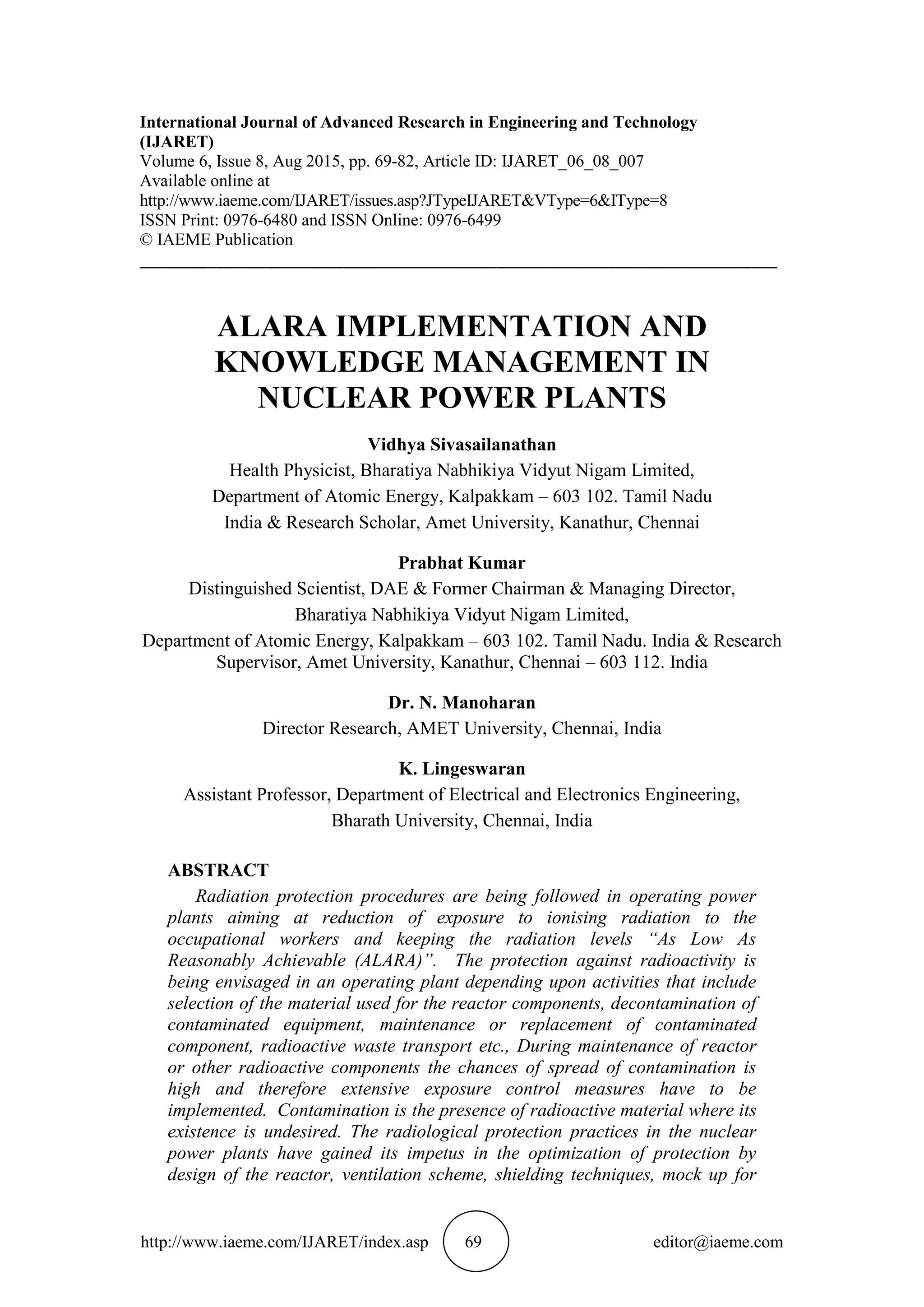 ALARA IMPLEMENTATION AND KNOWLEDGE MANAGEMENT IN NUCLEAR POWER PLANTS | PDF