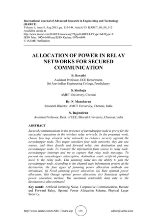 ALLOCATION OF POWER IN RELAY NETWORKS FOR SECURED COMMUNICATION | PDF