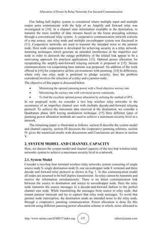 ALLOCATION OF POWER IN RELAY NETWORKS FOR SECURED COMMUNICATION | PDF