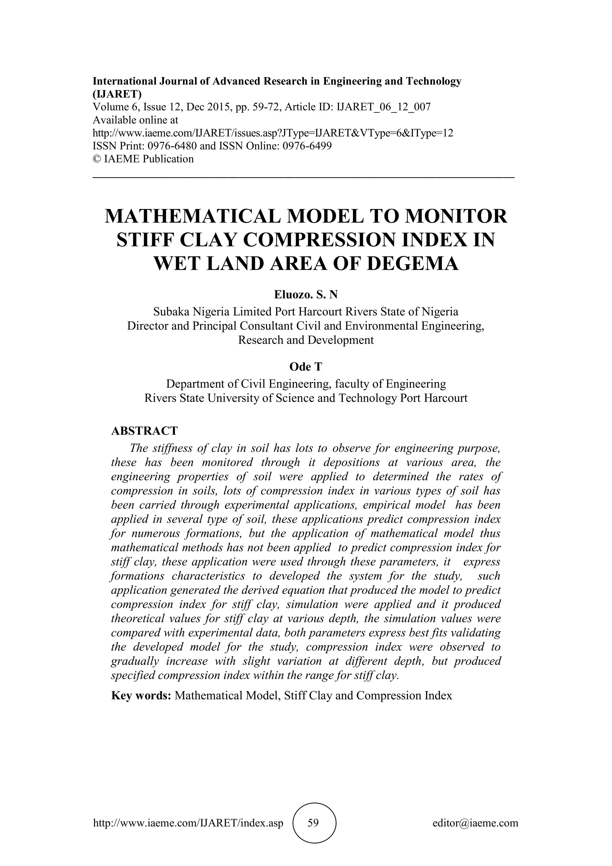 MATHEMATICAL MODEL TO MONITOR STIFF CLAY COMPRESSION INDEX IN WET LAND ...