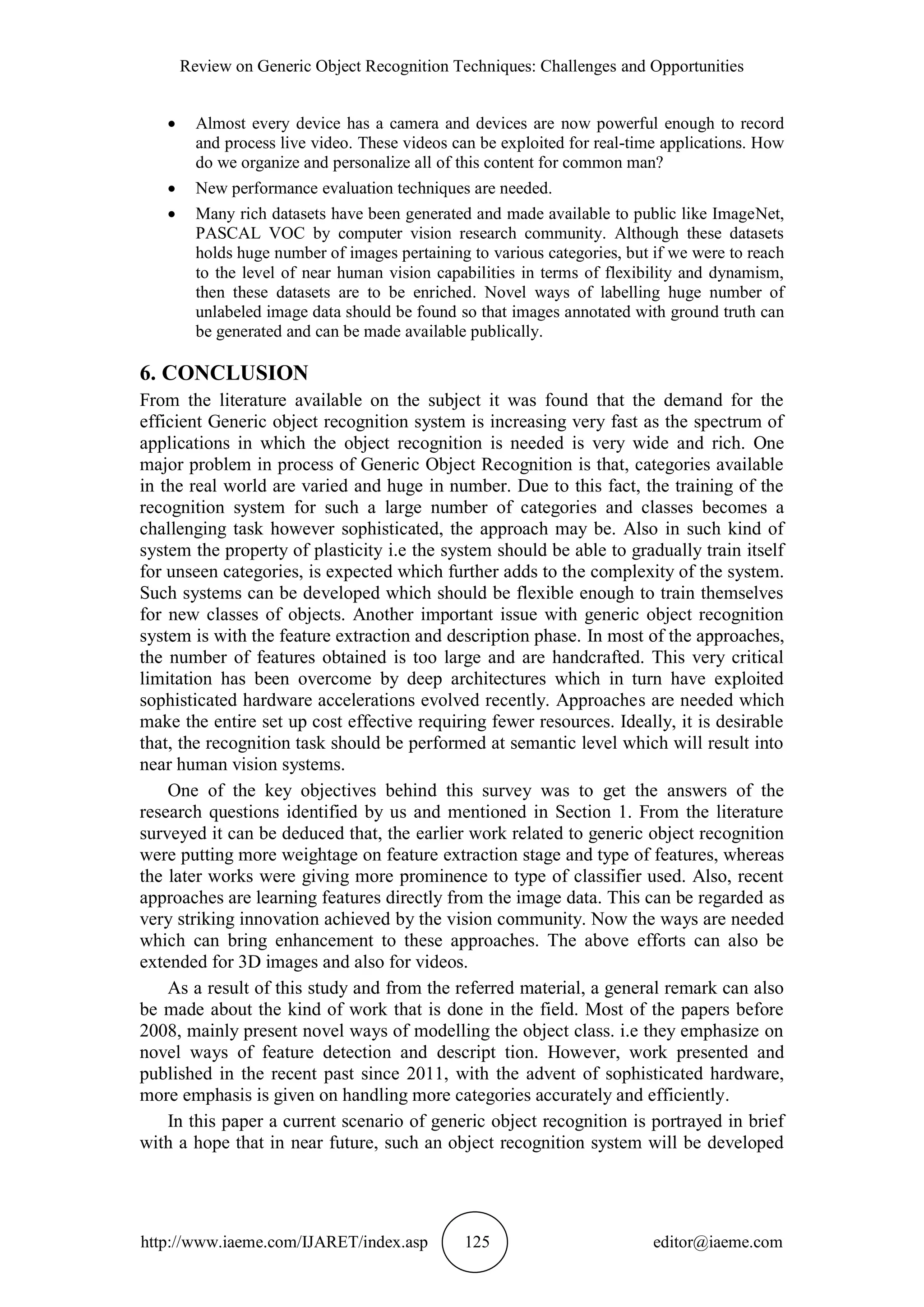 REVIEW ON GENERIC OBJECT RECOGNITION TECHNIQUES: CHALLENGES AND ...