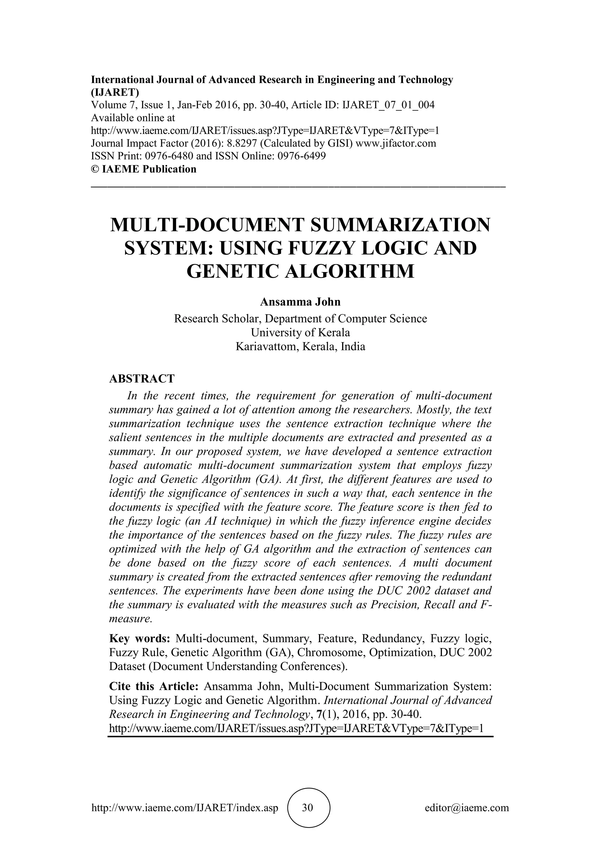 Multi Document Summarization System Using Fuzzy Logic And Genetic Algorithm Pdf 