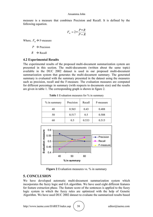 MULTI-DOCUMENT SUMMARIZATION SYSTEM: USING FUZZY LOGIC AND GENETIC ALGORITHM | PDF