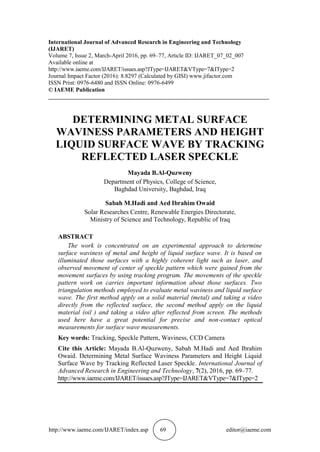 DETERMINING METAL SURFACE WAVINESS PARAMETERS AND HEIGHT LIQUID SURFACE WAVE BY TRACKING ...