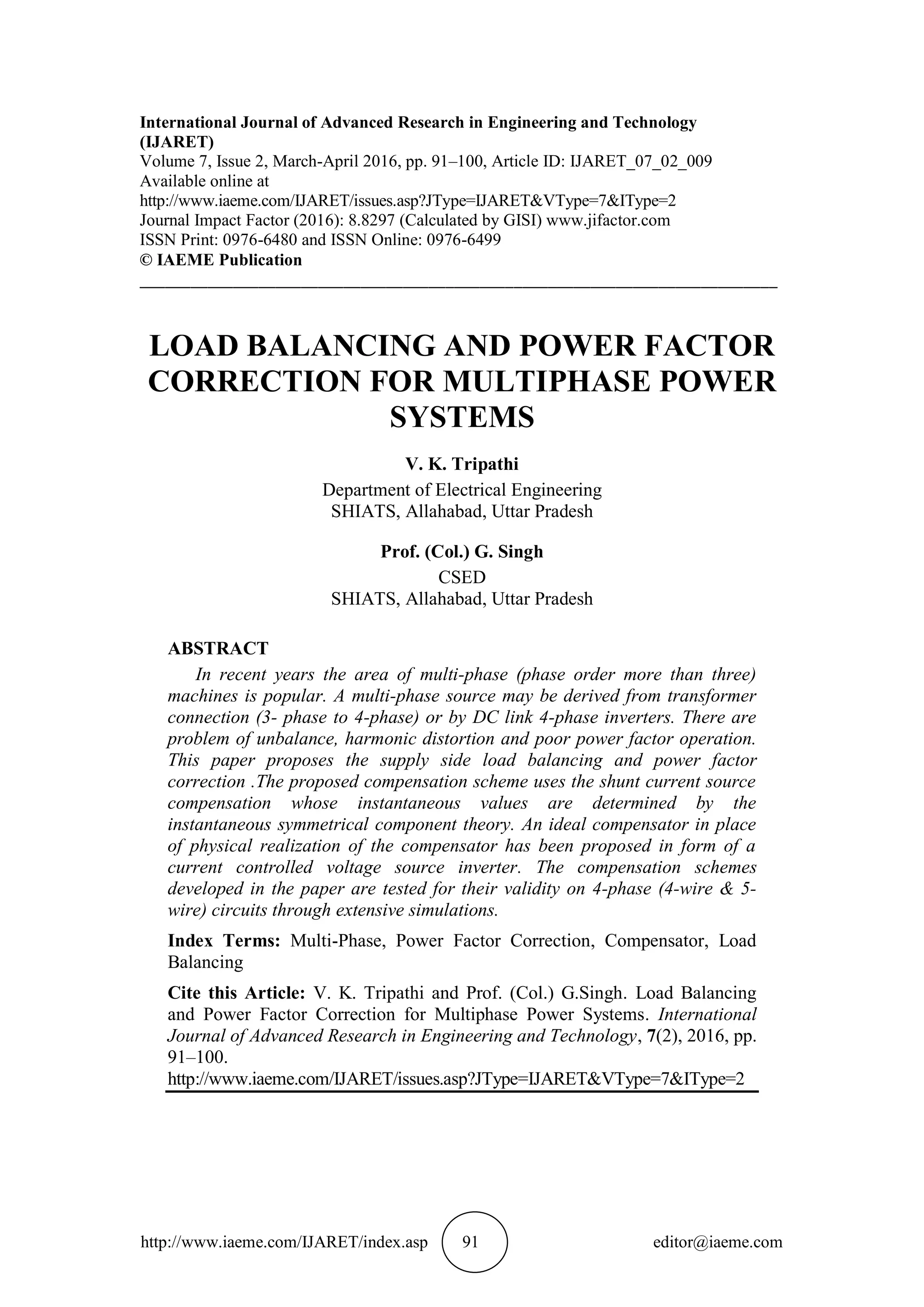 LOAD BALANCING AND POWER FACTOR CORRECTION FOR MULTIPHASE POWER | PDF