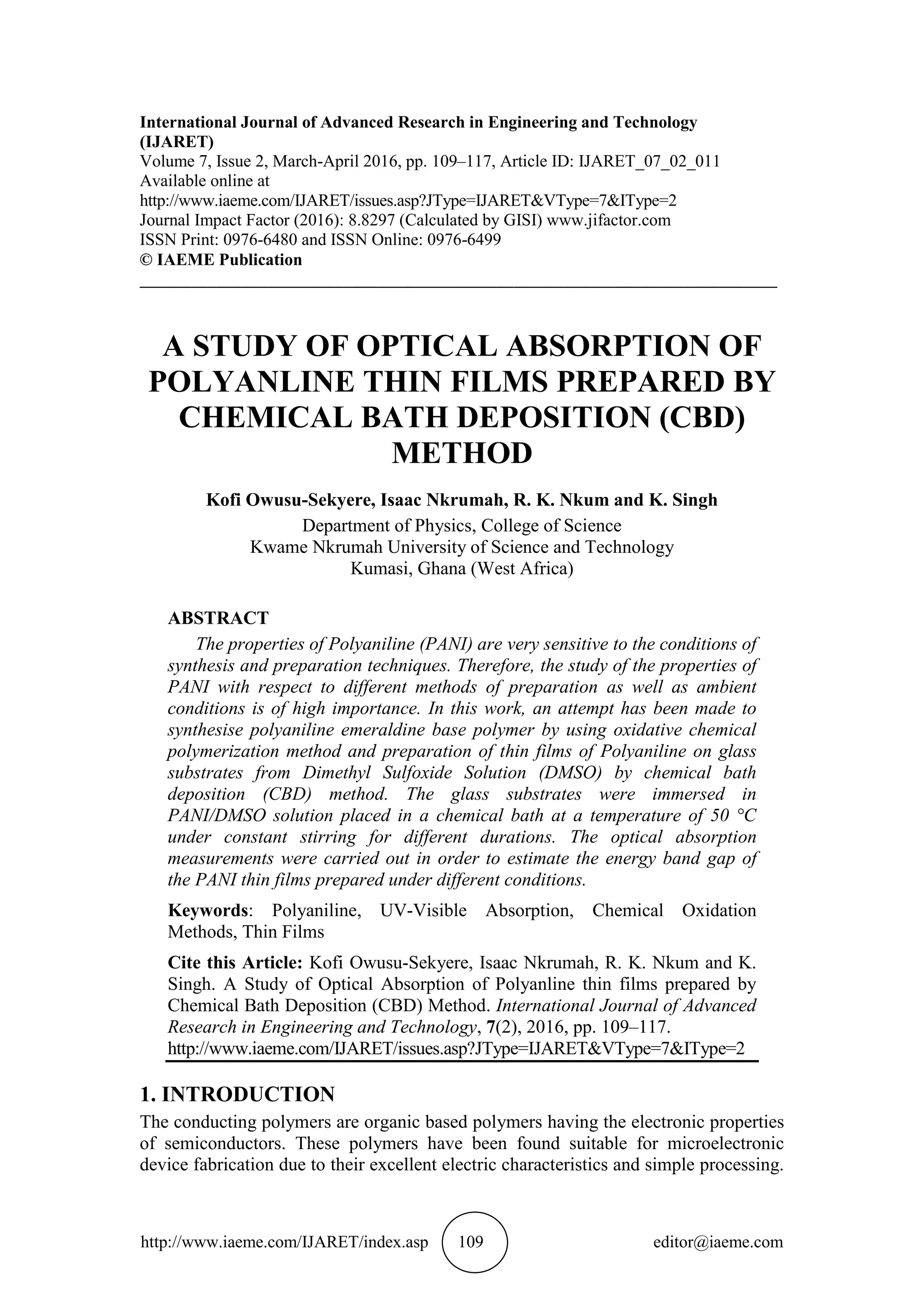 A STUDY OF OPTICAL ABSORPTION OF POLYANLINE THIN FILMS PREPARED BY ...