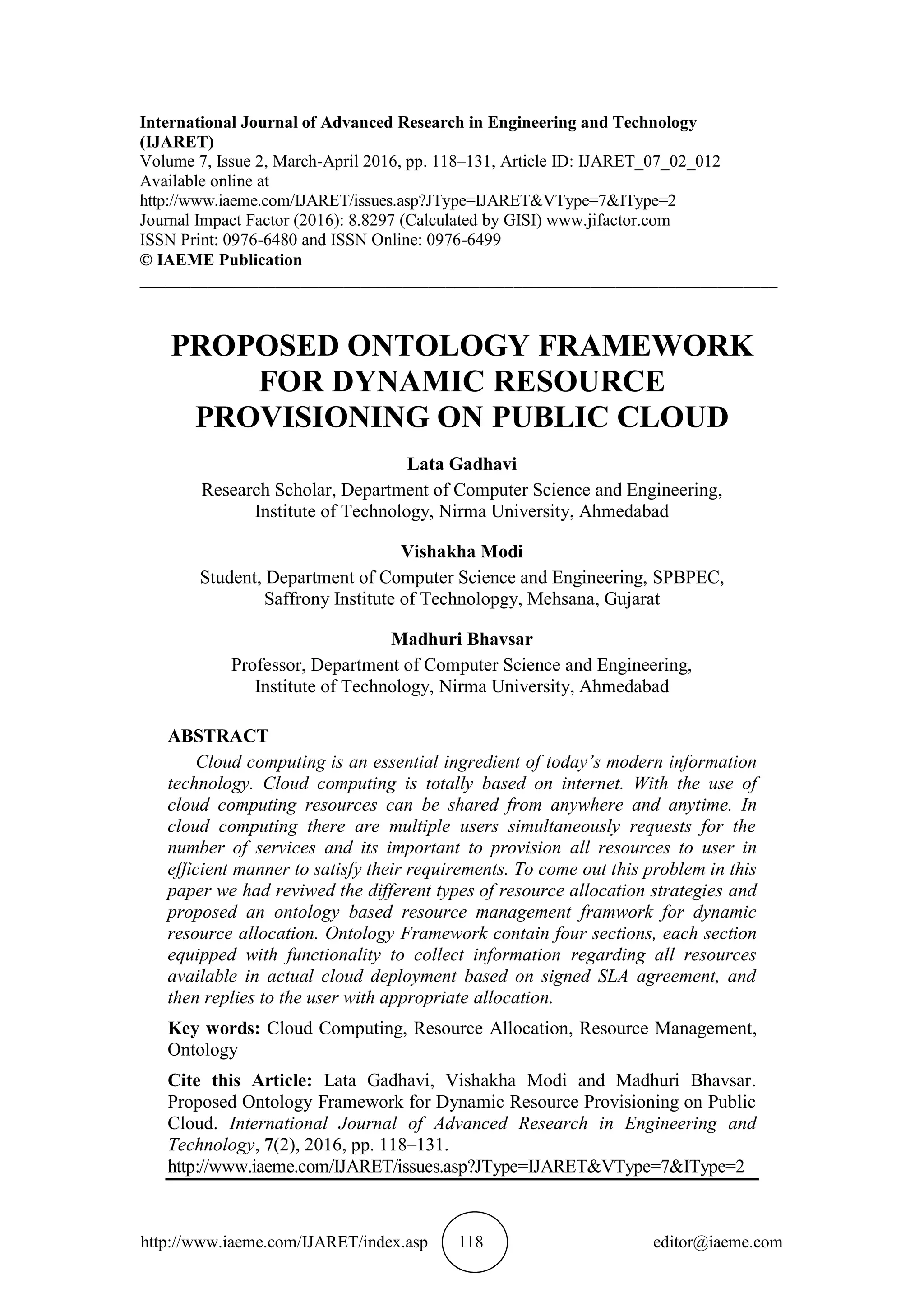 PROPOSED ONTOLOGY FRAMEWORK FOR DYNAMIC RESOURCE PROVISIONING ON PUBLIC CLOUD | PDF | Cloud ...
